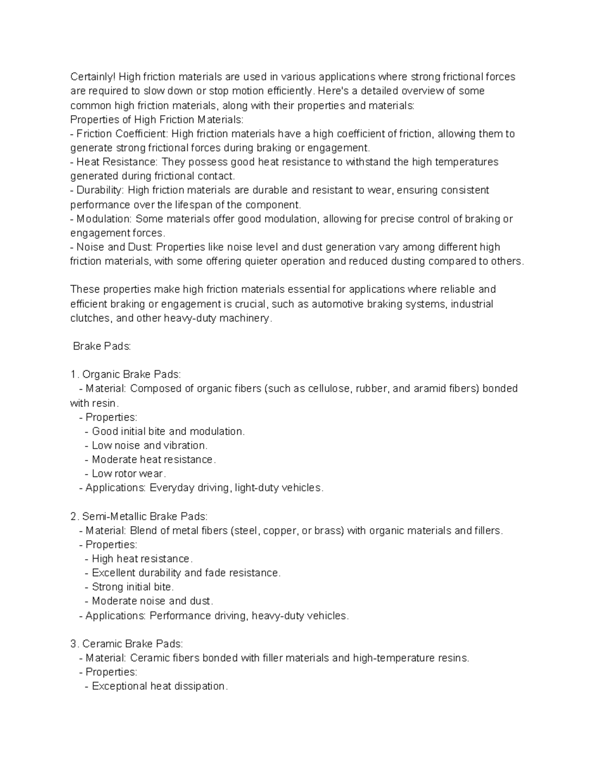 ENGG 201: High & Low Friction Materials - Detailed Notes and Properties ...