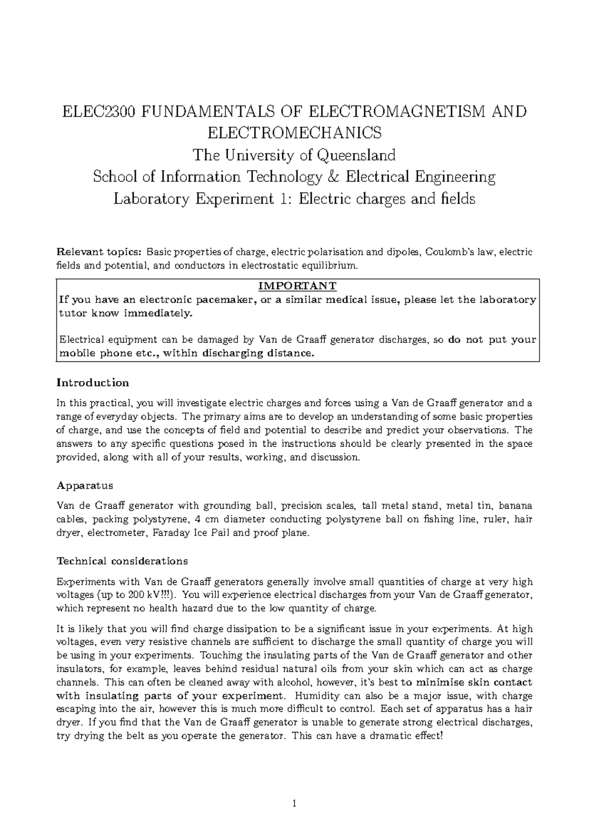 ELEC2300 Lab 1: Exploring Electric Charges & Fields - Studocu