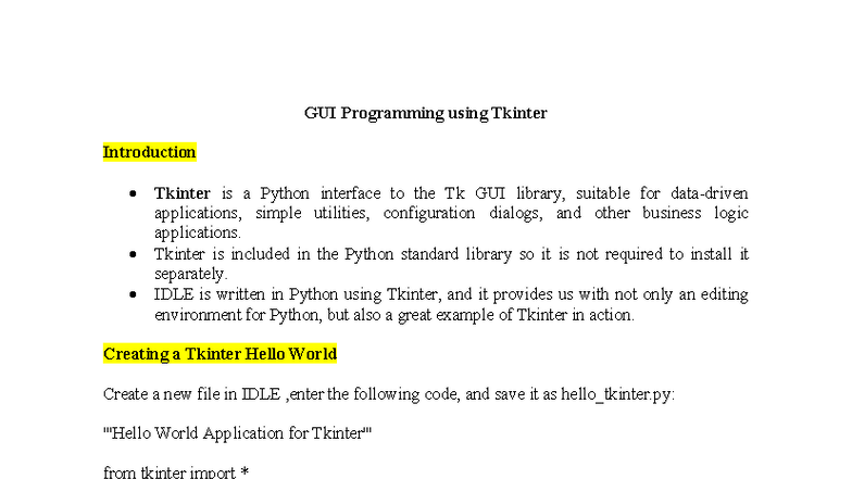 GUI Programming with Tkinter: A Comprehensive Introduction - Studocu