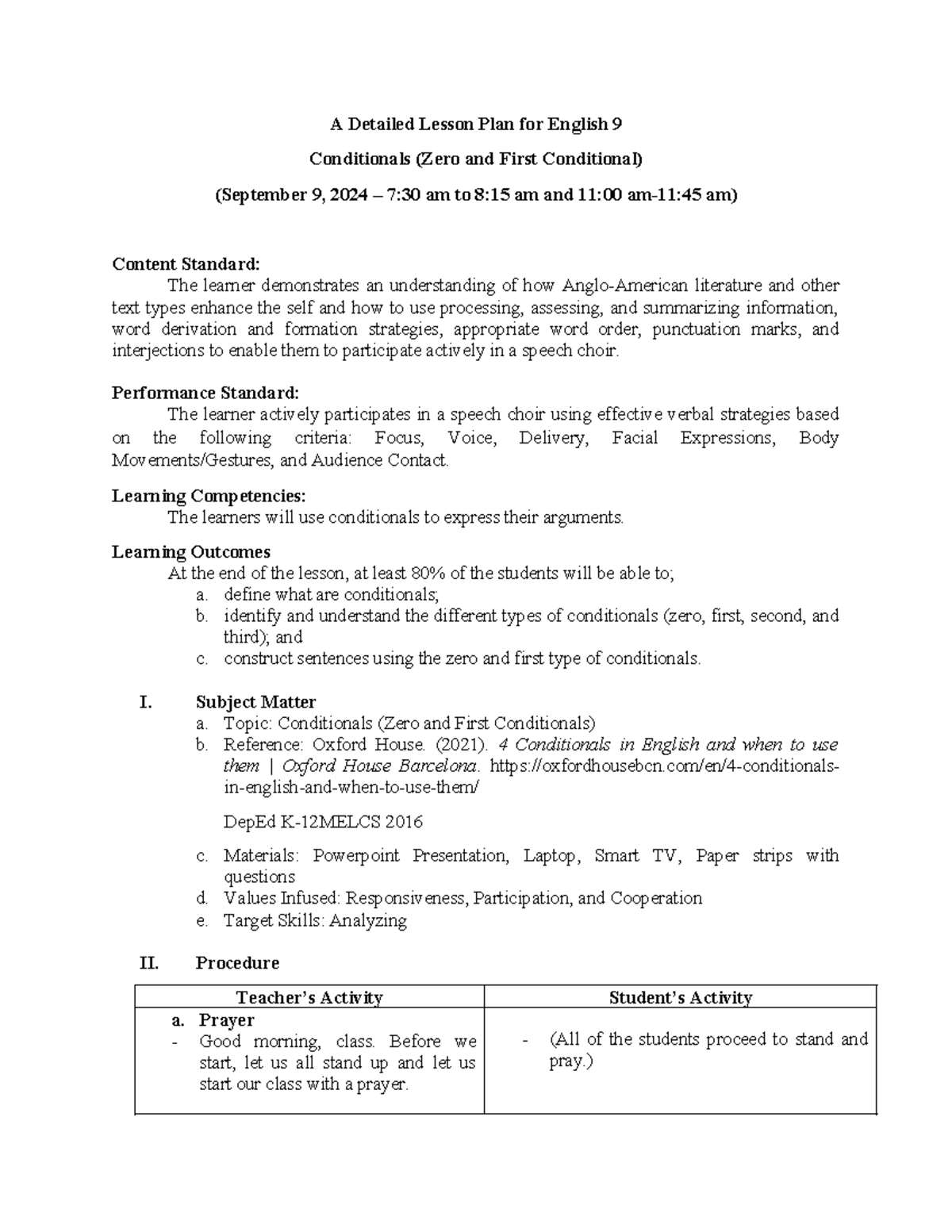 Conditionals Lesson Plan for English 9: Zero & First Conditional - Studocu