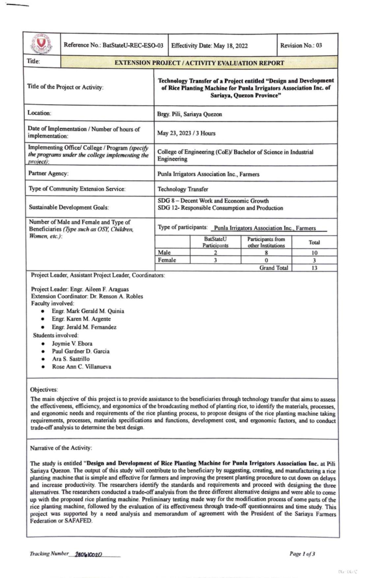 EXTENSION PROJECT ACTIVITY EVALUATION REPORT: Rice Planting Machine ...