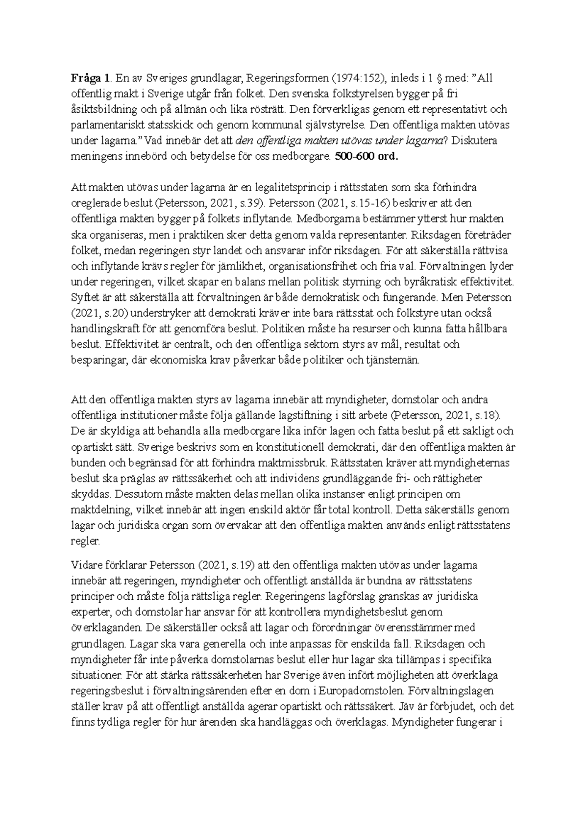 Hemtenta 1: Offentlig Makt och Rättsstatens Principer i Sverige, SAA087 ...