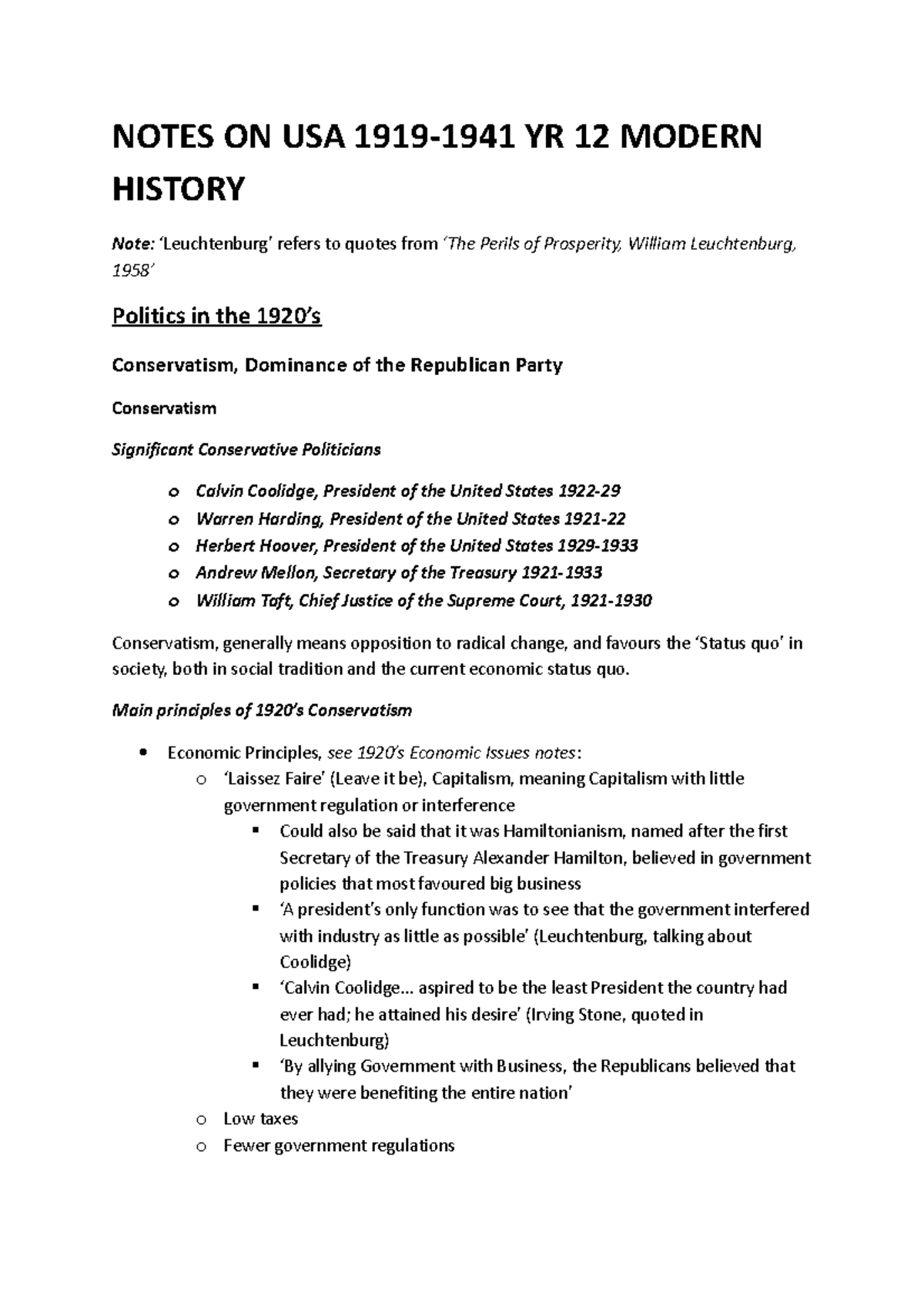 USA Modern History Study Notes: Politics and Economic Trends 1919-1941 ...