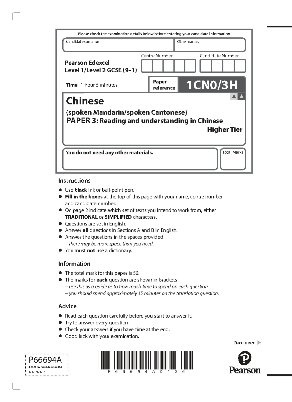 Edexcel Level 2 GCSE Chinese (Cantonese) PAPER 3 Exam Instructions ...