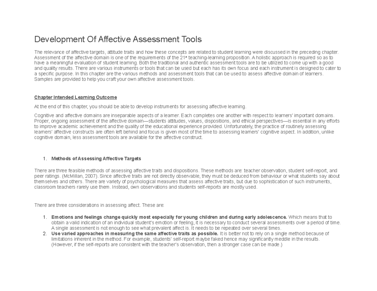 Development of Affective Assessment Tools - EDC 101 Chapter Notes - Studocu