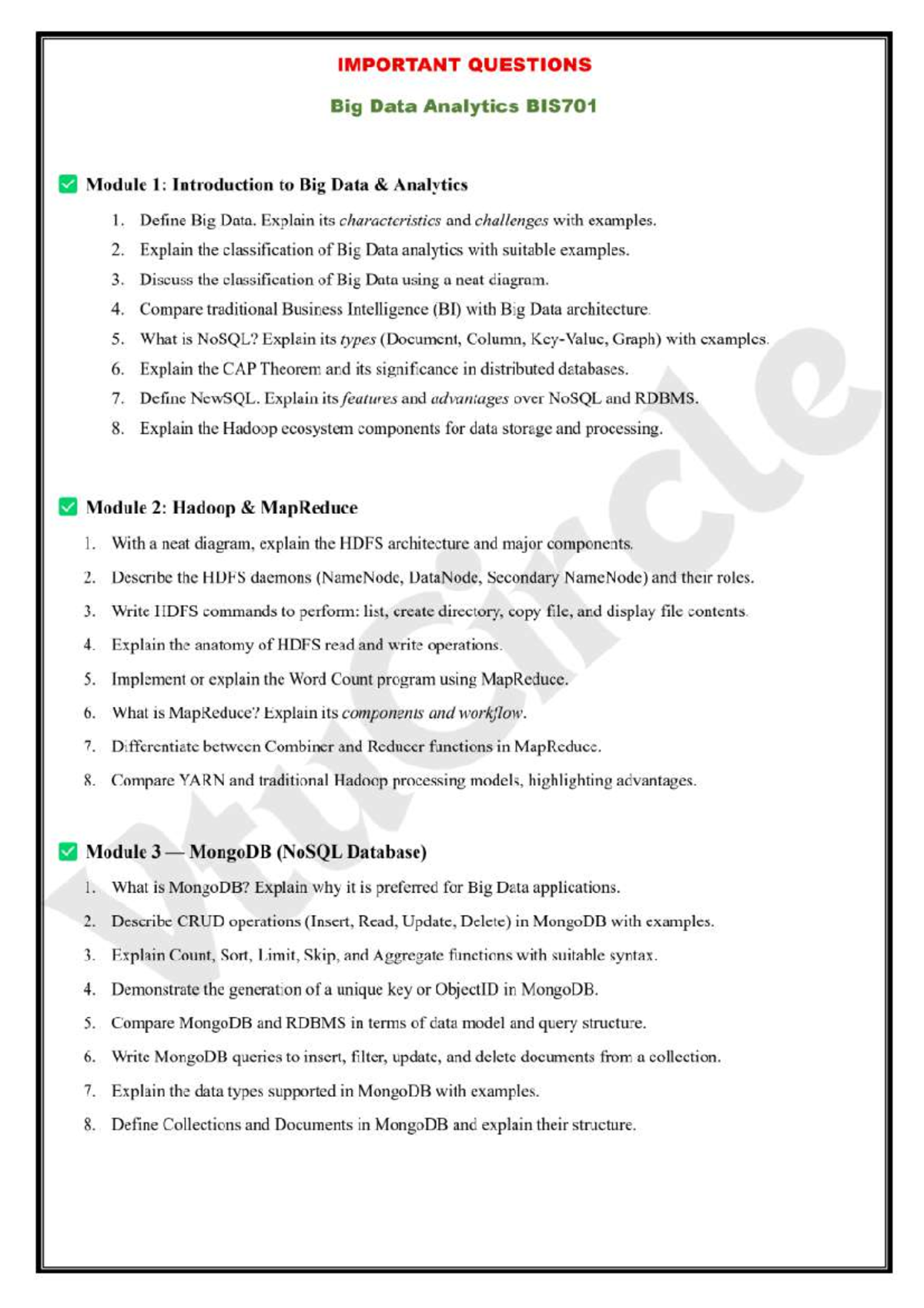 BDA Important Questions for BIS701: Big Data Analytics Overview - Studocu