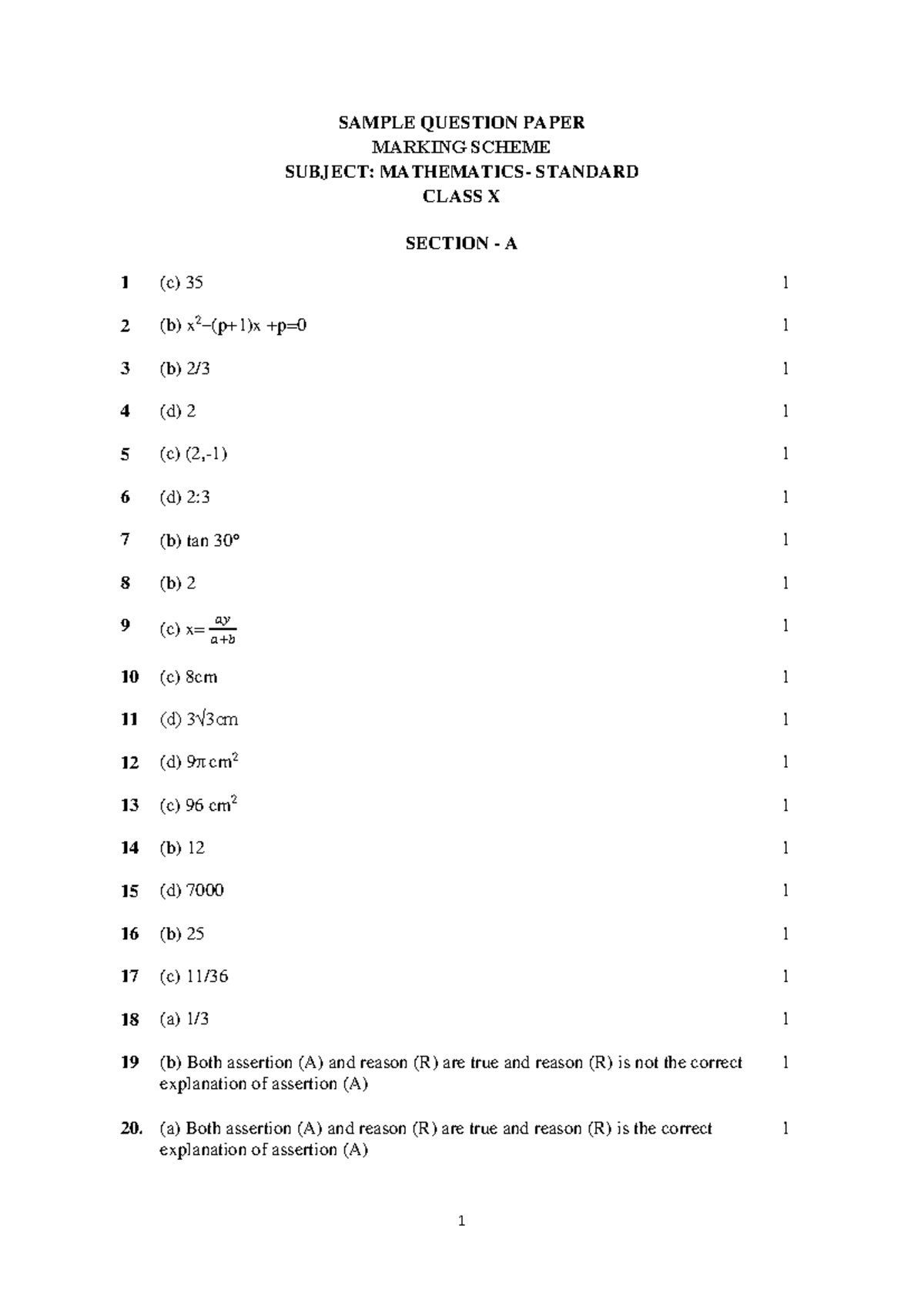 SAMPLE QUESTION PAPER MARKING SCHEME - CLASS X SOLUTIONS - Studocu