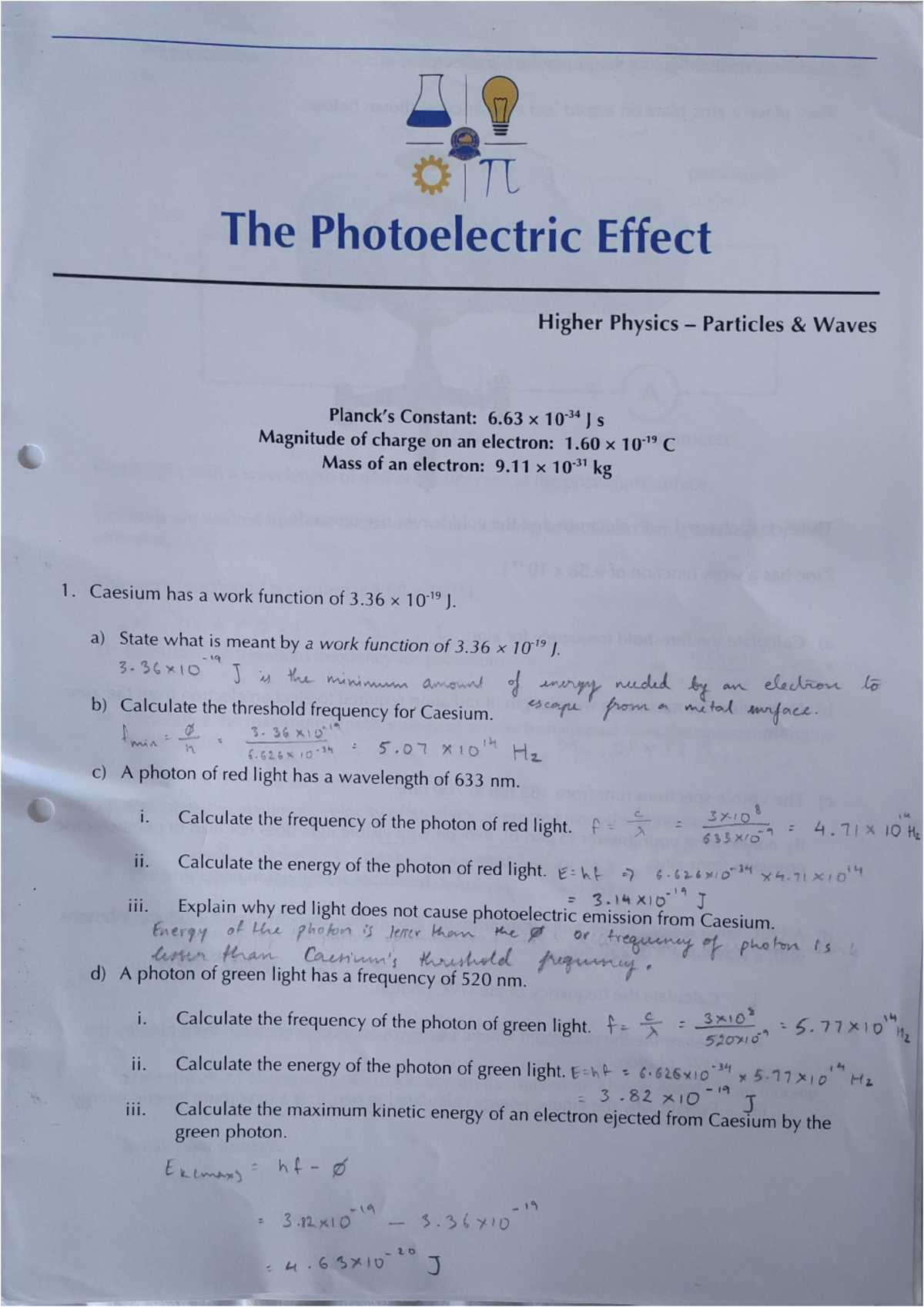 Photoelectric effect worksheet - II T The Photoelectric Effect Higher ...