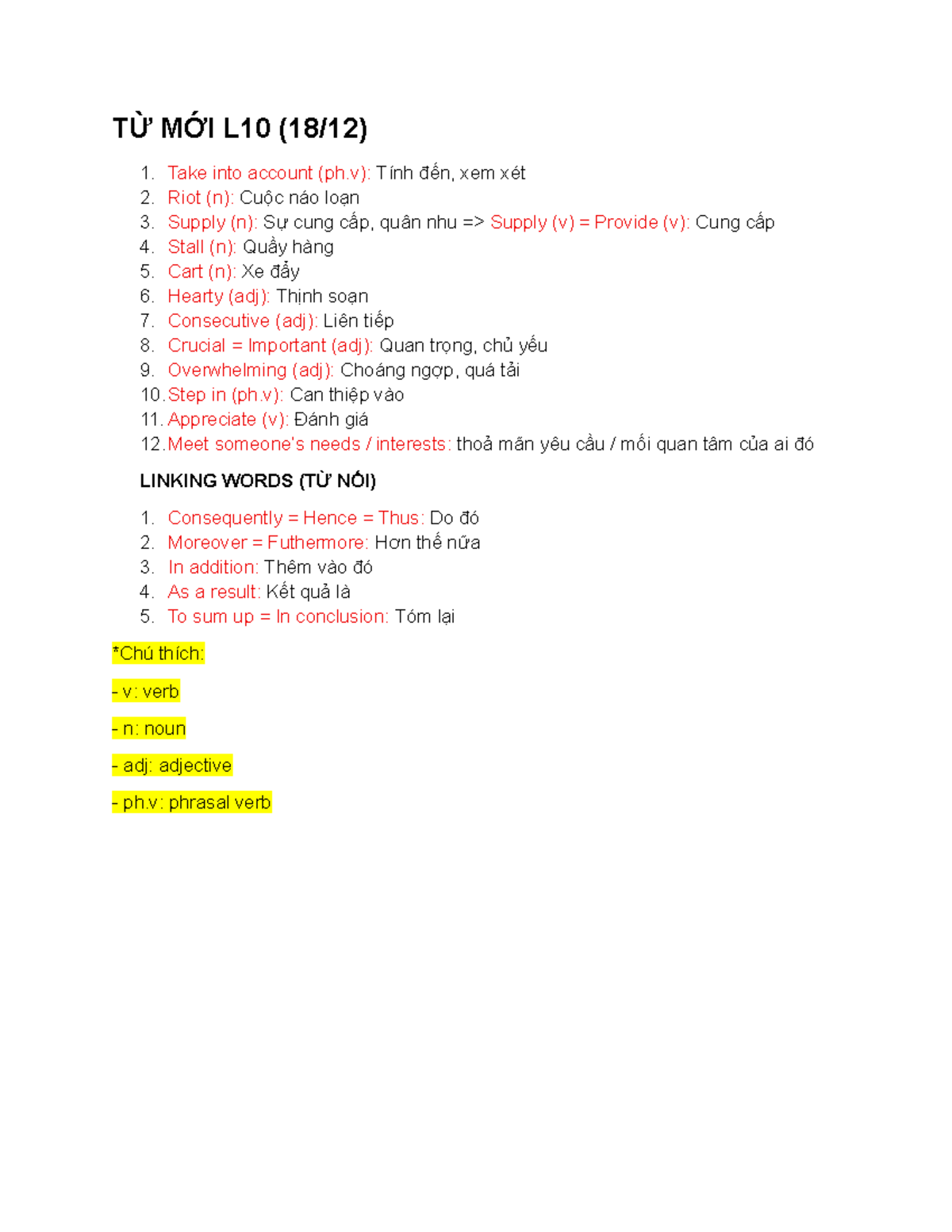 Từ Mới L10: Từ Vựng và Cụm Từ Quan Trọng - Studocu
