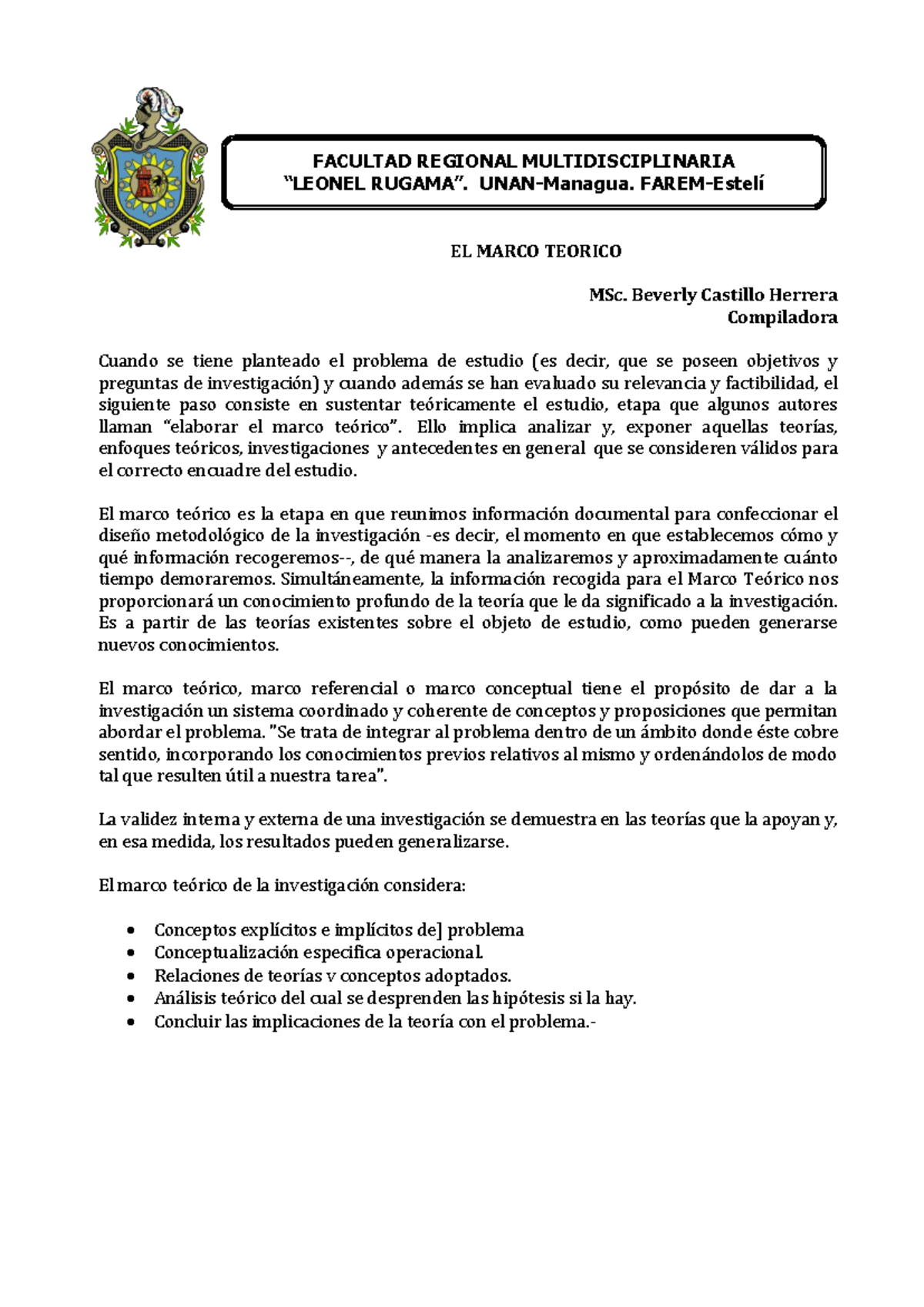 MSc. Beverly Castillo Herrera: El Marco Teórico en Investigación - Studocu