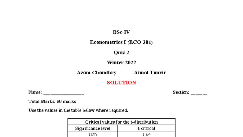 Econometrics II (ECO 301) Quiz 2 - Winter 2025 Solutions - Studocu