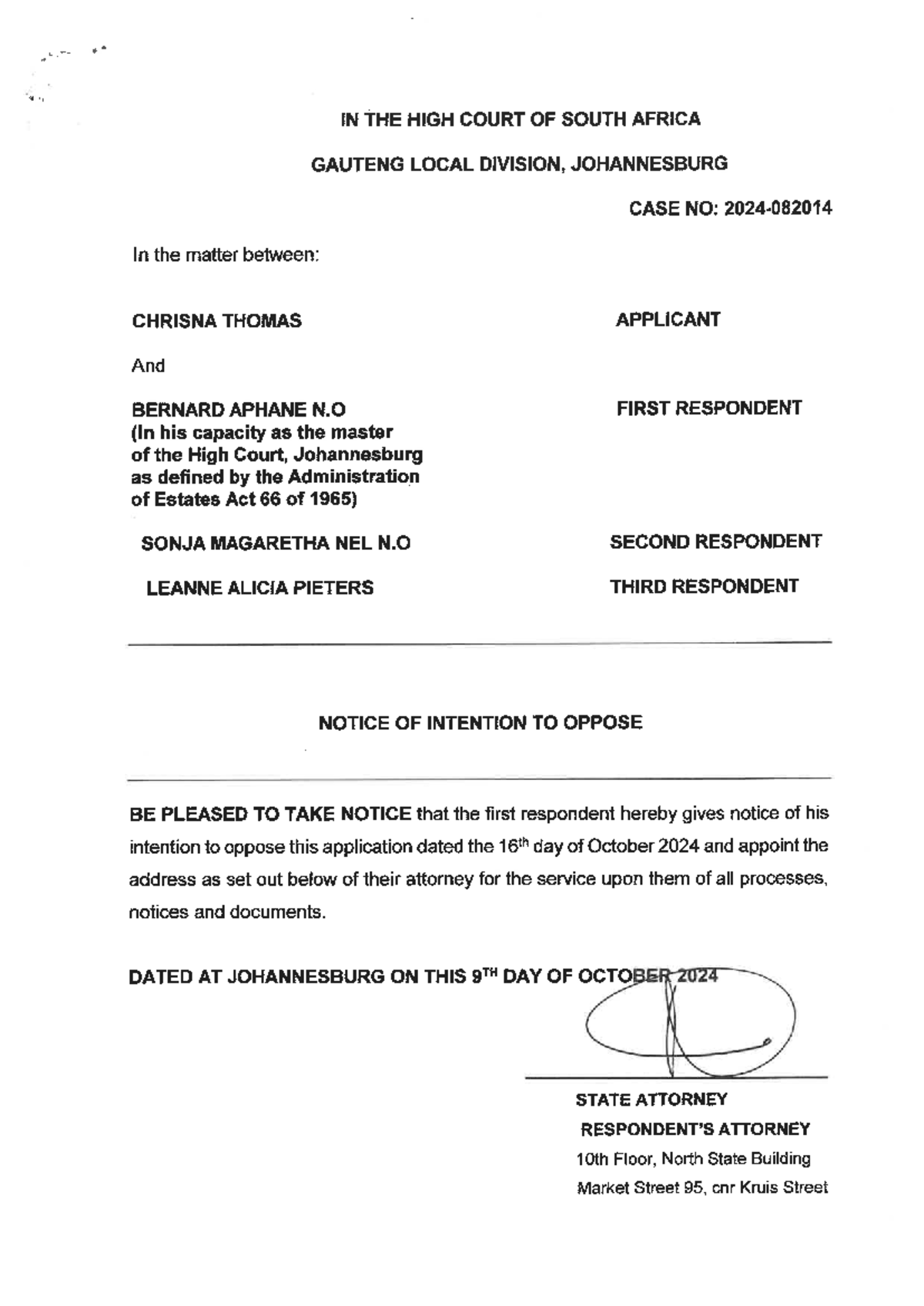 Application for Removal of Executor: Chrisna Thomas vs. Bernard Aphane ...