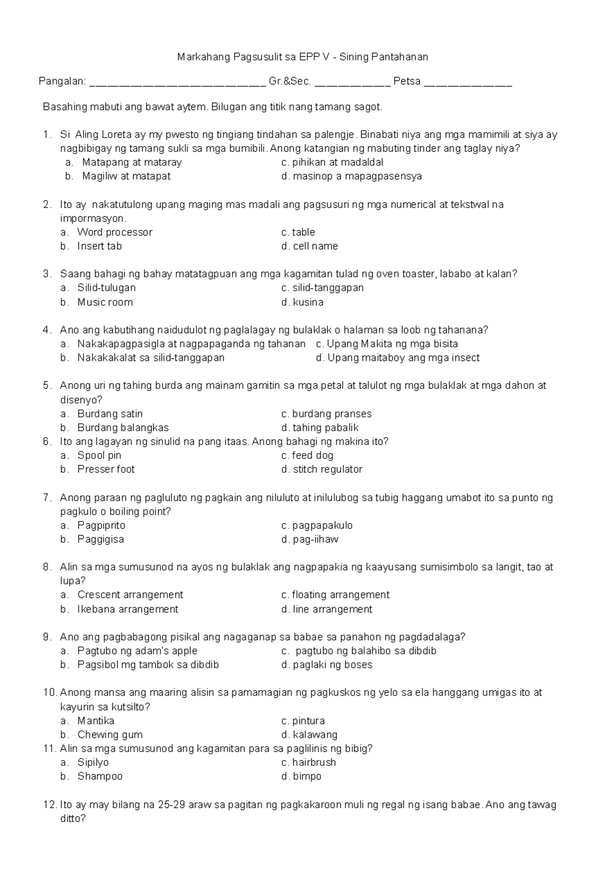 Grade 5 EPP-HE First Periodical Test: Sining Pantahanan Exam - Studocu