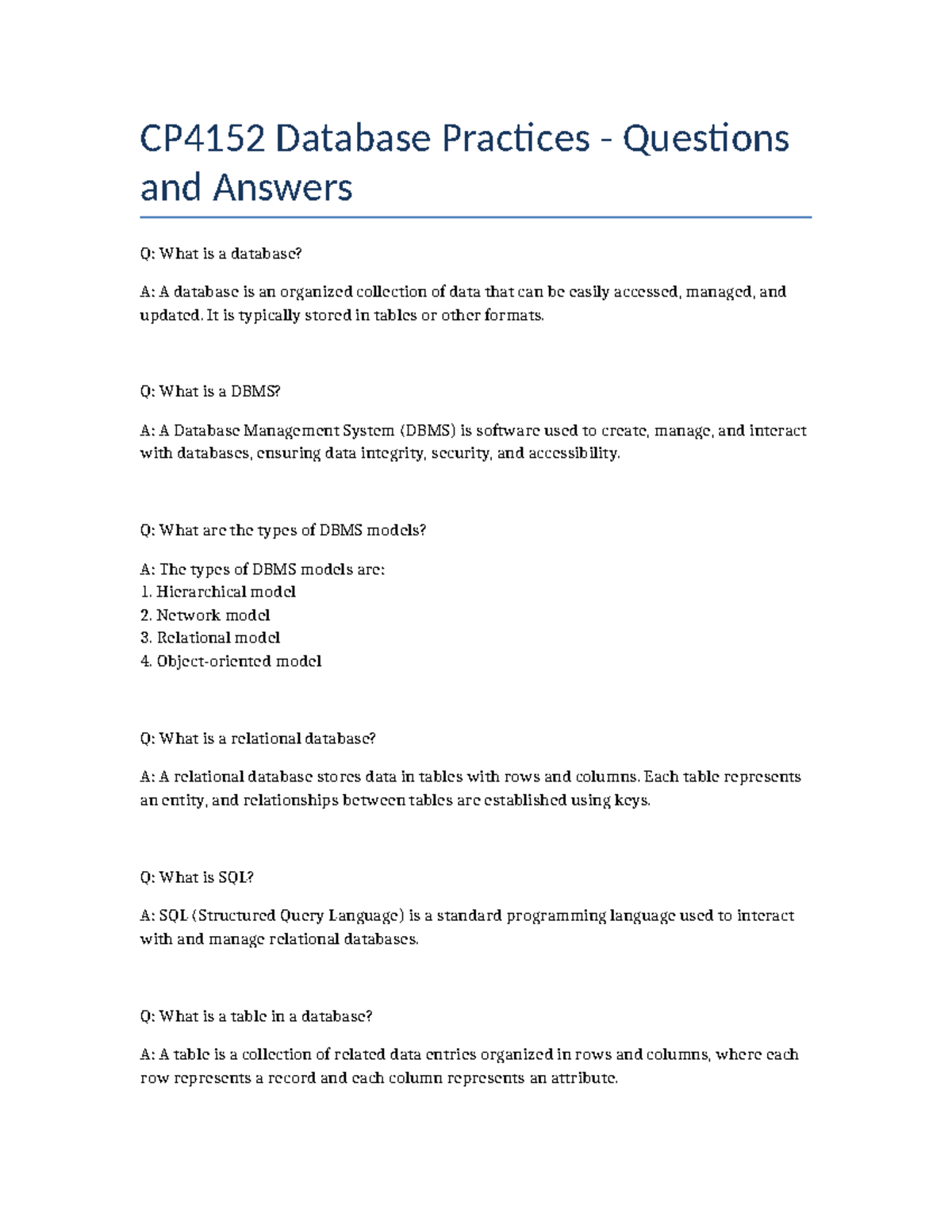 CP4152 Database Practices: Q&A Overview and Key Concepts - Studocu