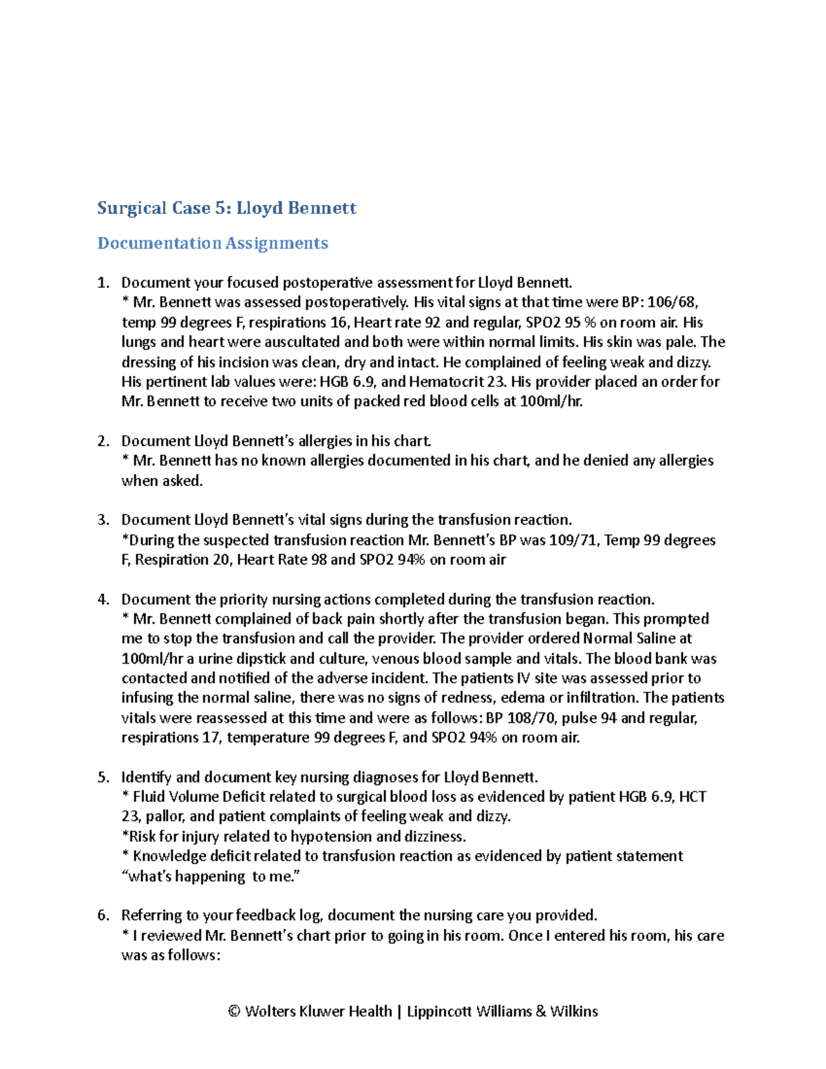 Nursing Documentation Assignment for Surgical Case Study: Lloyd Bennett - Studocu
