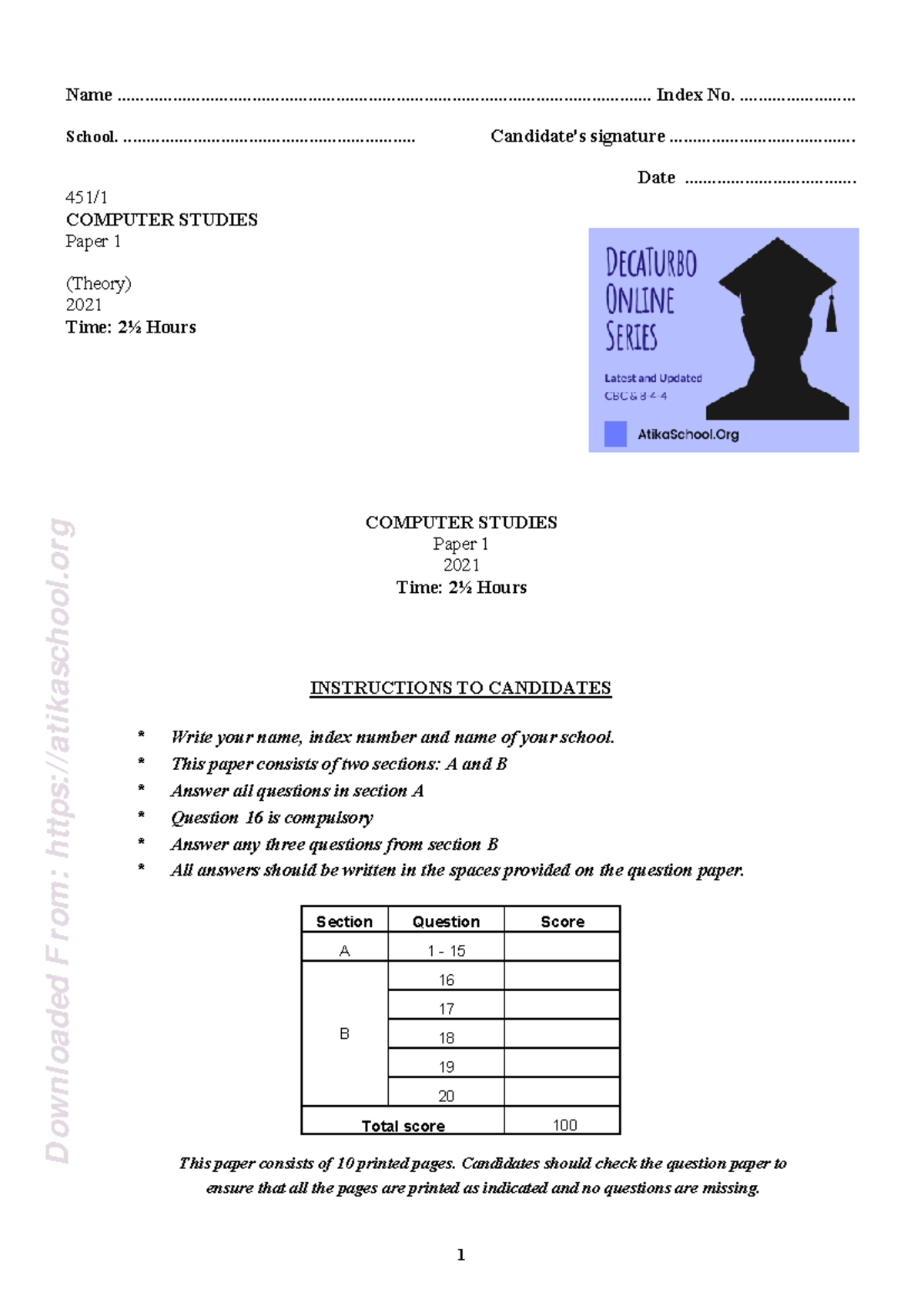 Form 4 Computer Studies Term 2 Exam Paper 1 & Marking Scheme (2021 ...