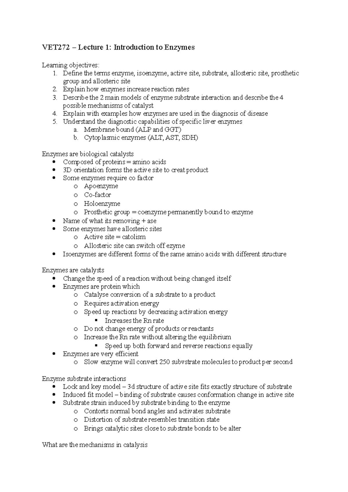 VET272 Lecture 1: Enzymes and Their Diagnostic Applications - Studocu