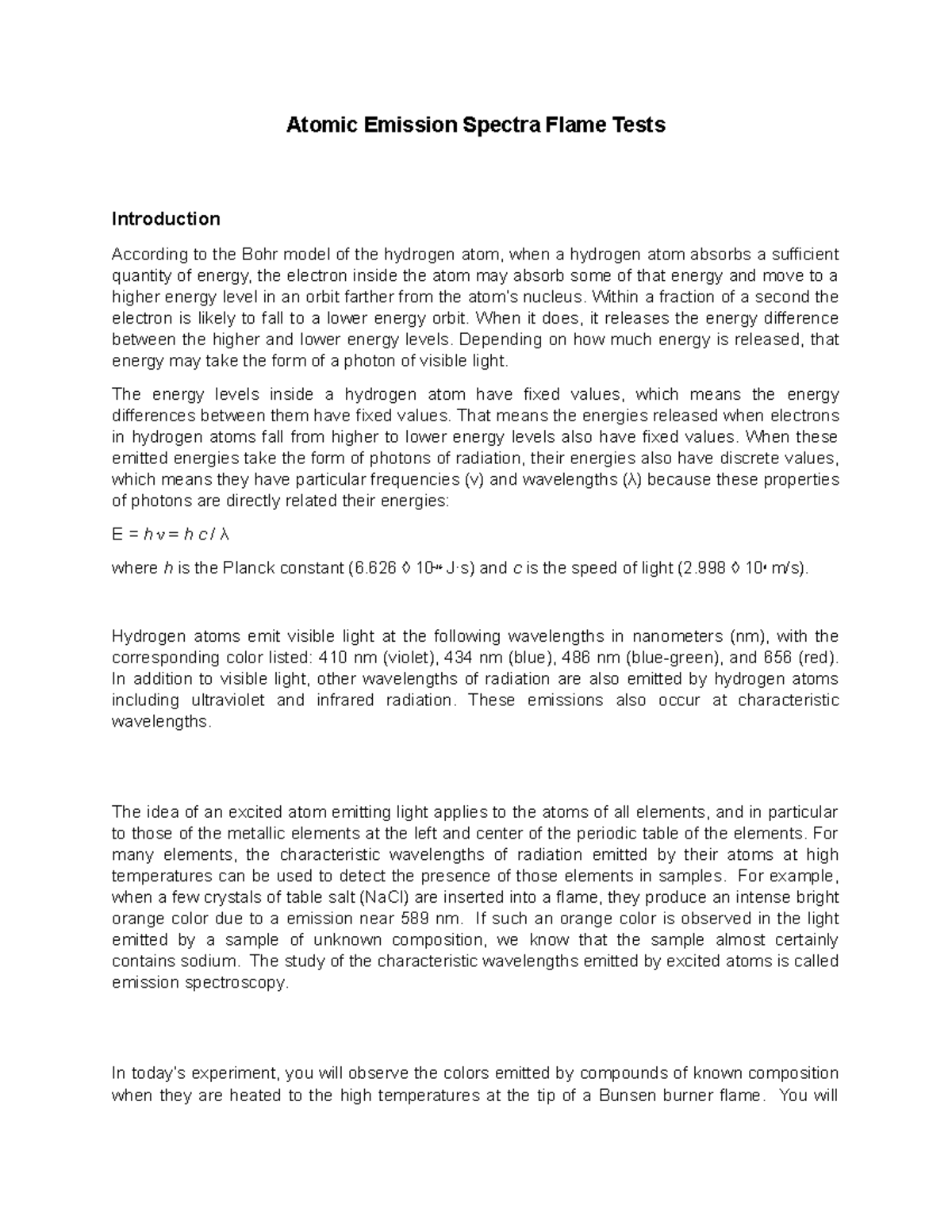 Chemistry 101: Lab on Atomic Emission Spectra and Flame Tests - Studocu