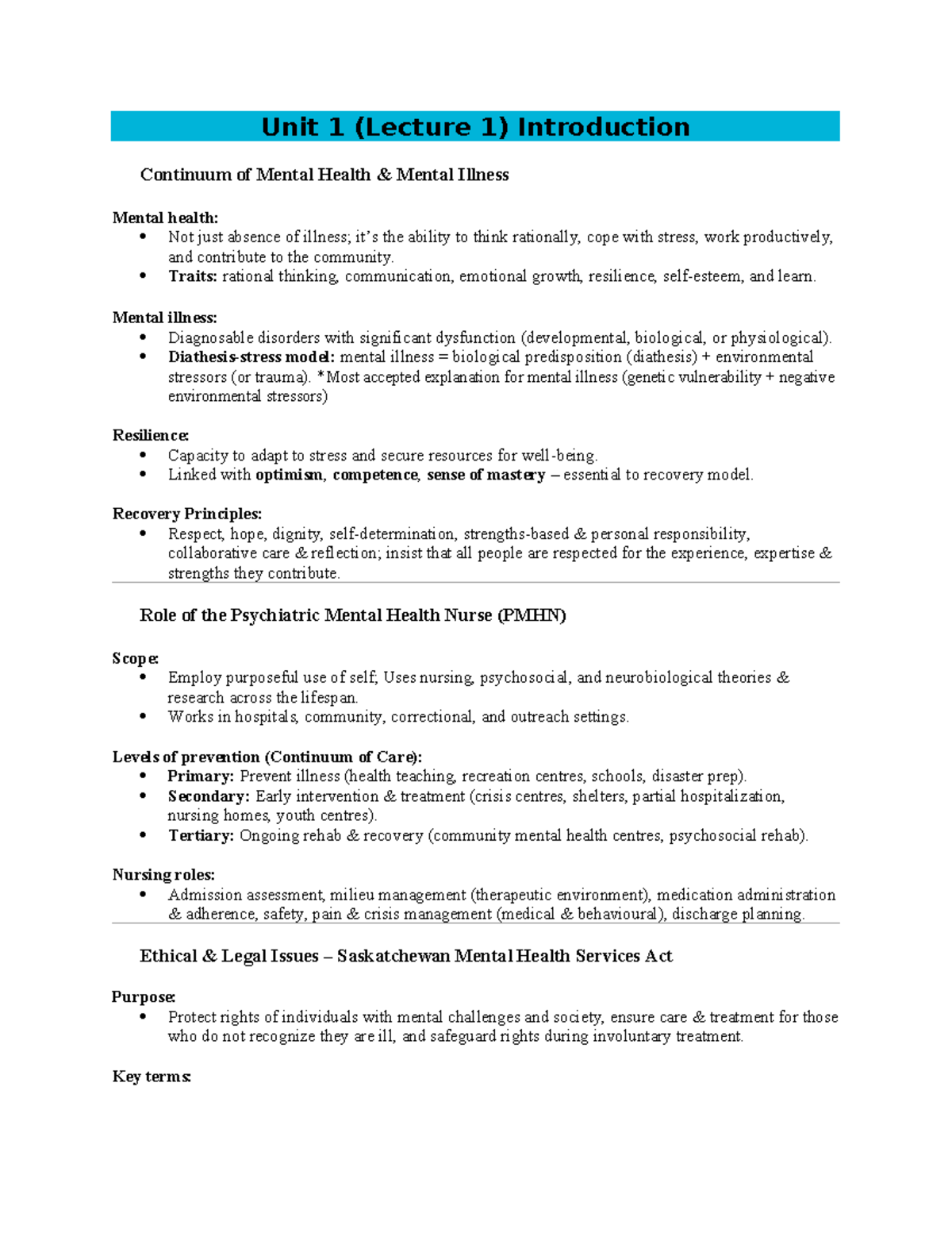 CNUR 304 Lecture Notes: Mental Health & Illness Overview (Units 1-5 ...