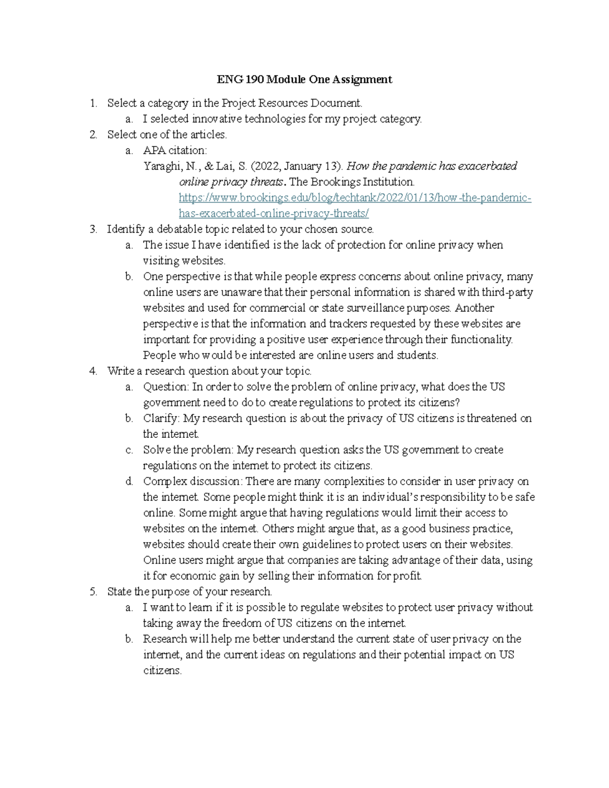 ENG 190 Module 1 Assignment: Research Question on Online Privacy - Studocu