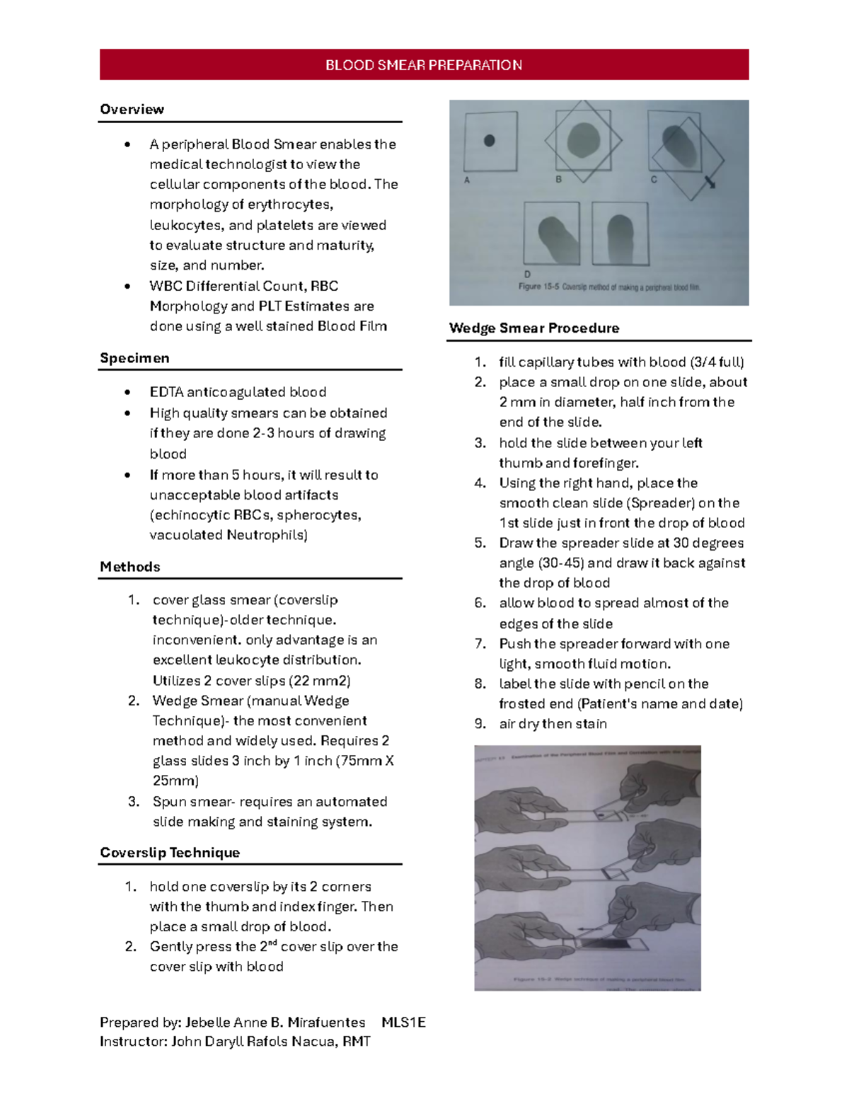 Blood Smear Preparation - MLS1E Lab Guidelines and Techniques - Studocu