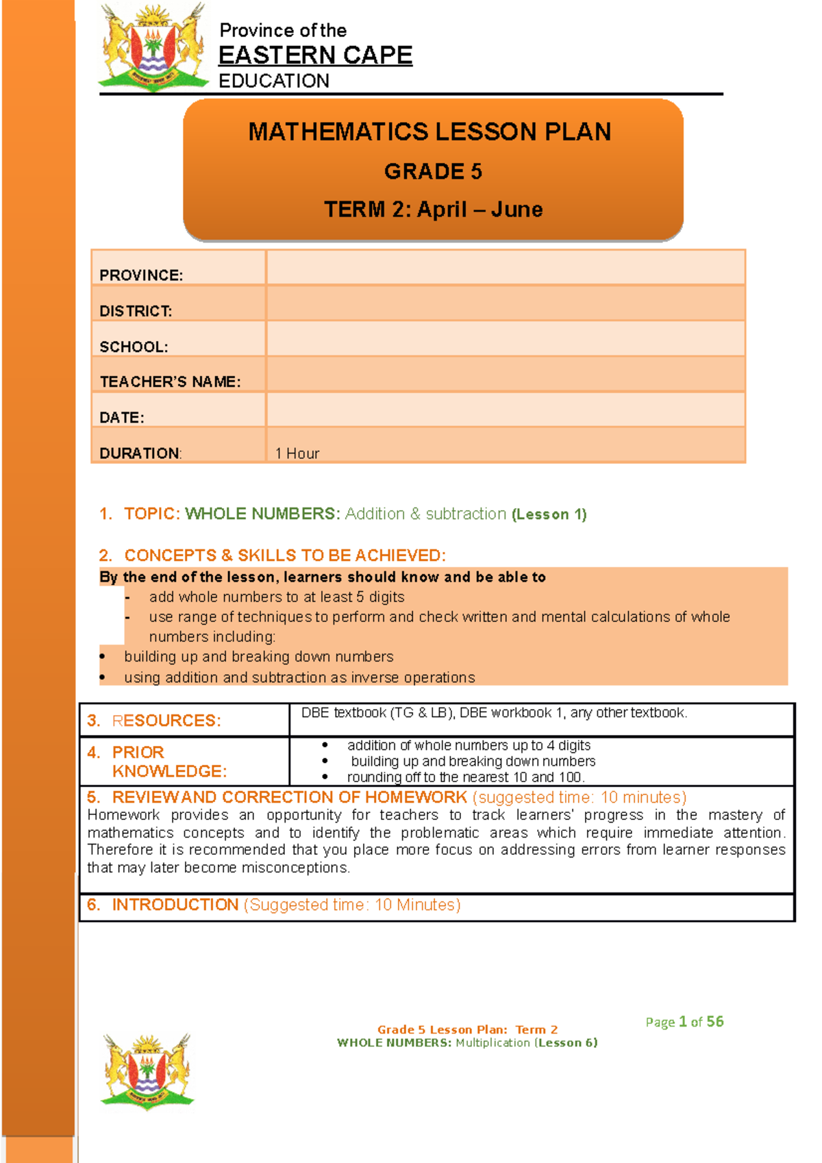 Maths Grade 5 Lesson Plans Term 2: Whole Numbers & Operations - Studocu