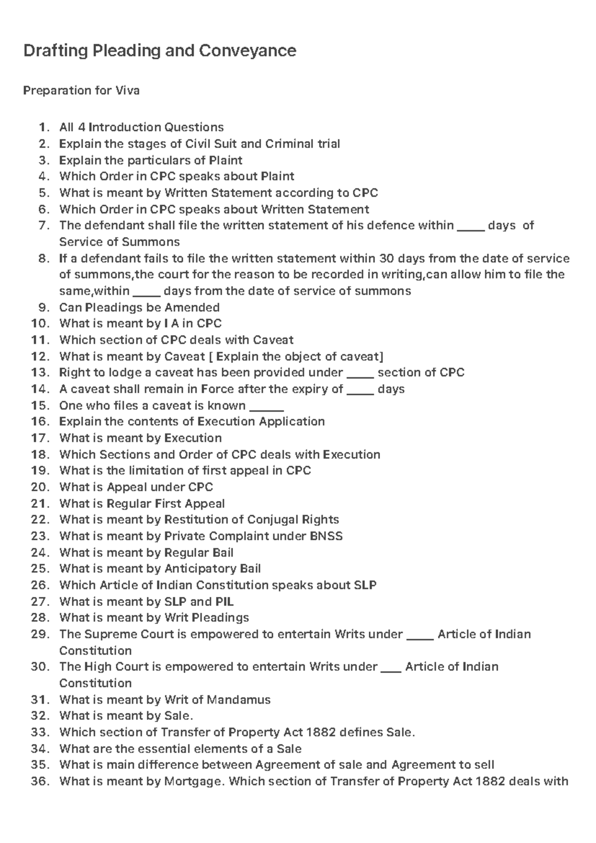 Drafting Pleading and Conveyance: Preparation for Viva 63453 - Studocu