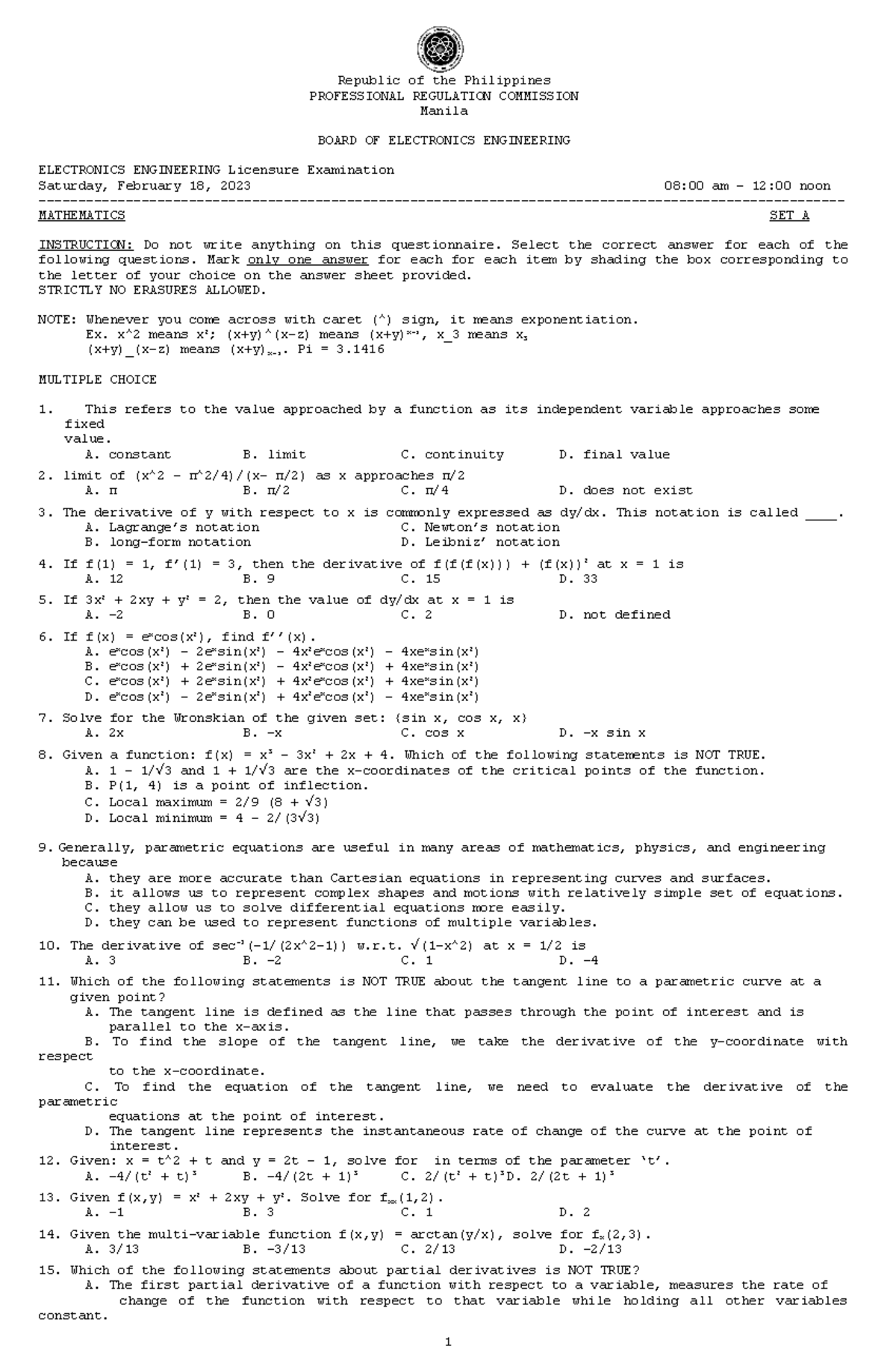 APR 2023 ECE Board Exam Preboard Mathematics Set A Questions - Studocu