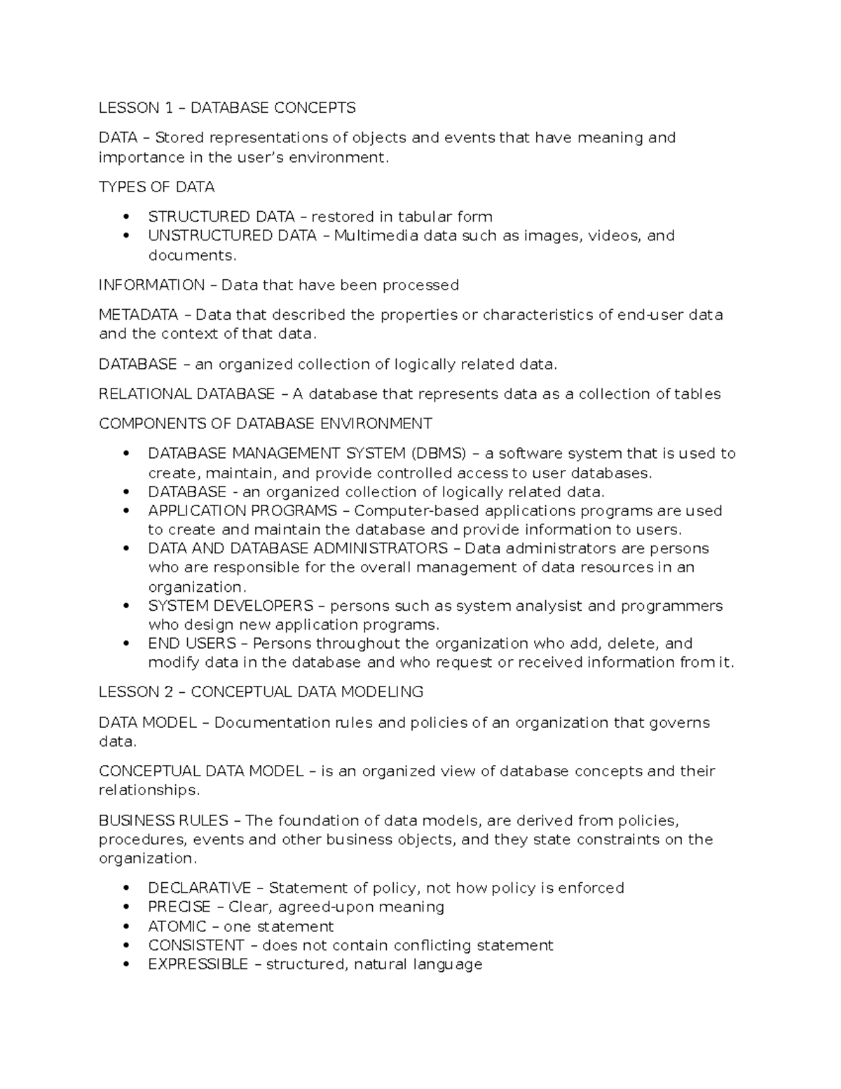 Reviewer INFO - LESSON 1 – DATABASE CONCEPTS DATA – Stored ...