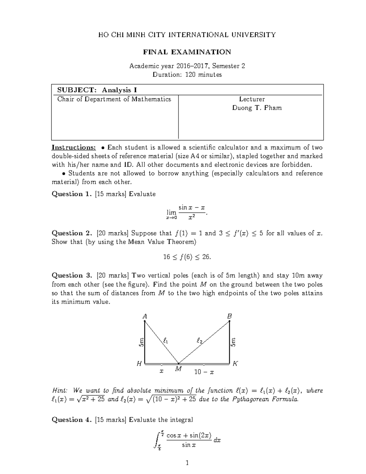 Final Exam Analysis I (MATH 101) - Duong T. Pham - Studocu