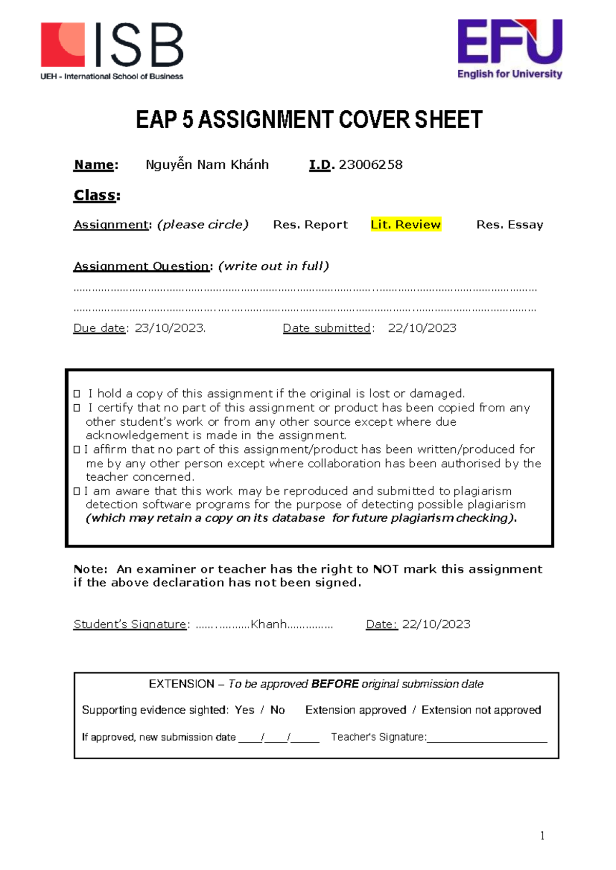 Critical literature review EAP 5 - 1 EAP 5 ASSIGNMENT COVER SHEET Name ...