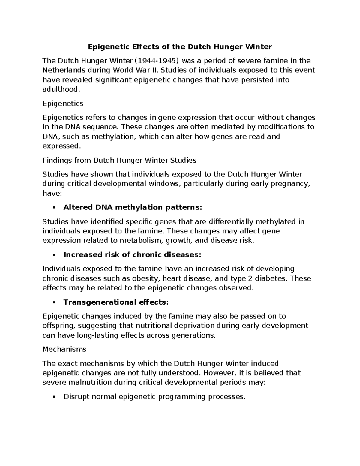 Dutch Hunger Winter epigenetic effects summary - Studocu
