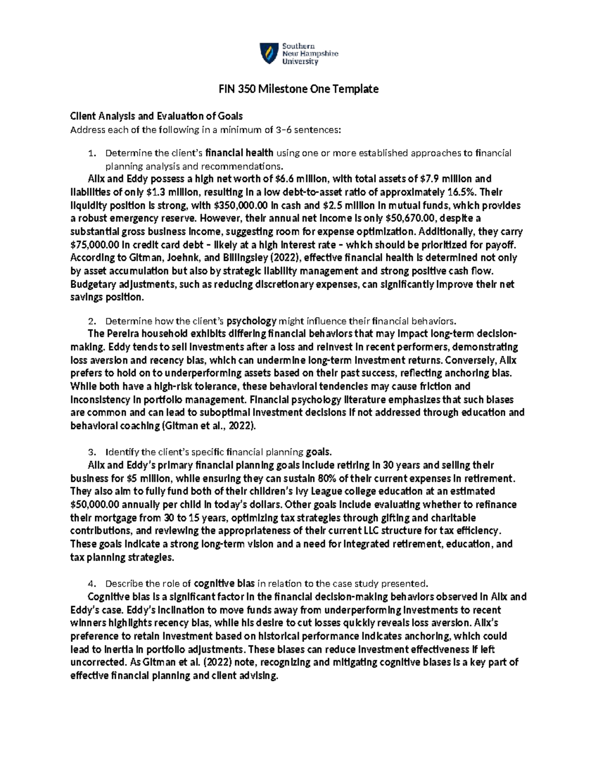 FIN 350 Milestone One: Client Financial Analysis & Goal Evaluation ...
