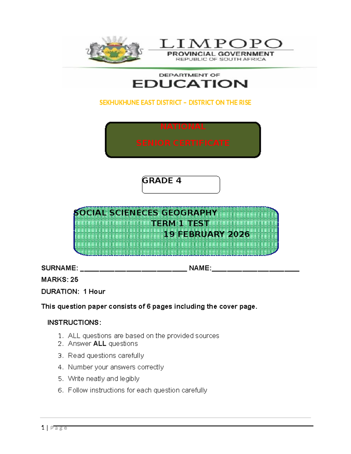 Grade 4 Geography Term 1 Test 2026: Social Sciences & Geography - Studocu