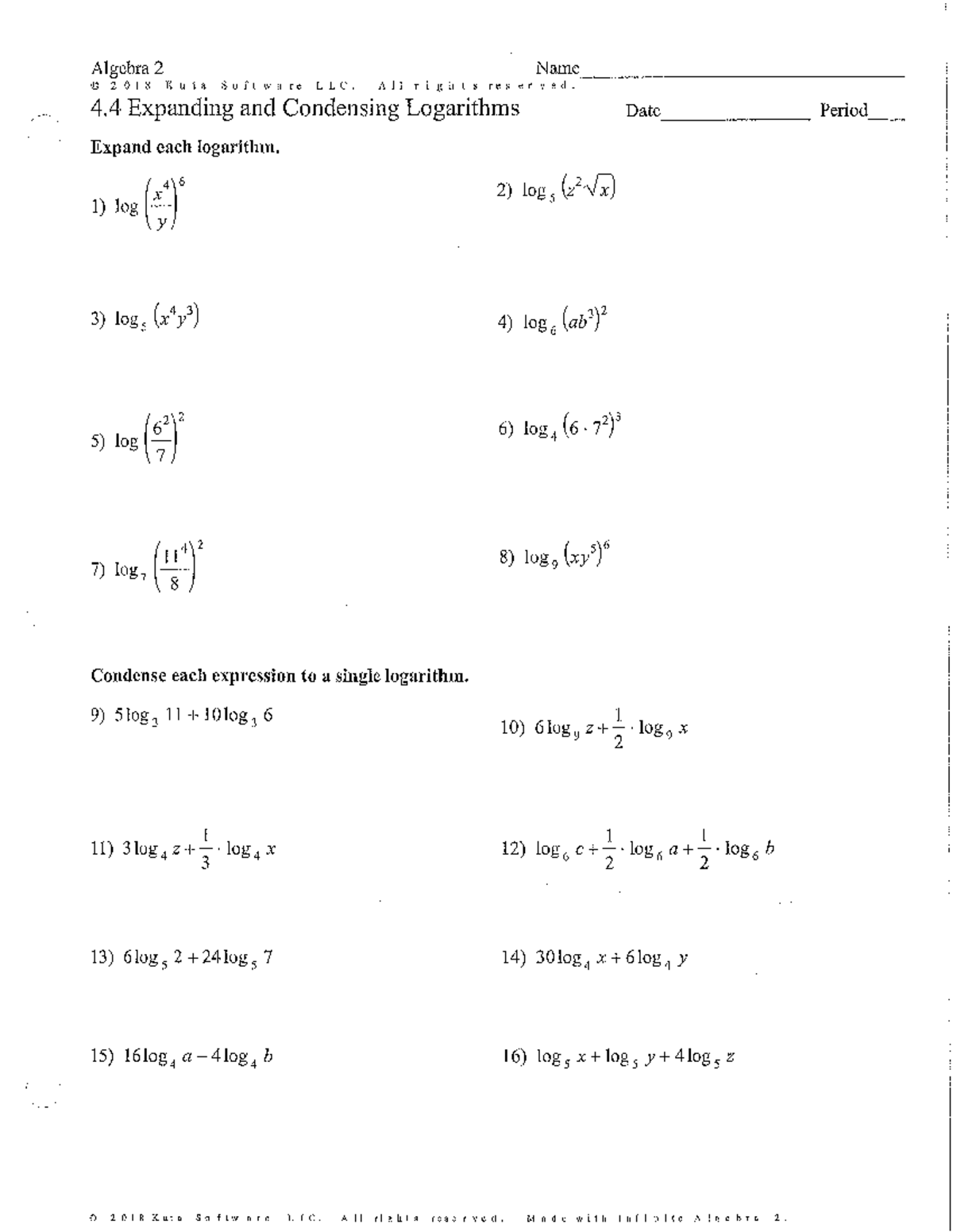 Algebra 2 Worksheet: Expanding & Condensing Logarithms (2018) - Studocu