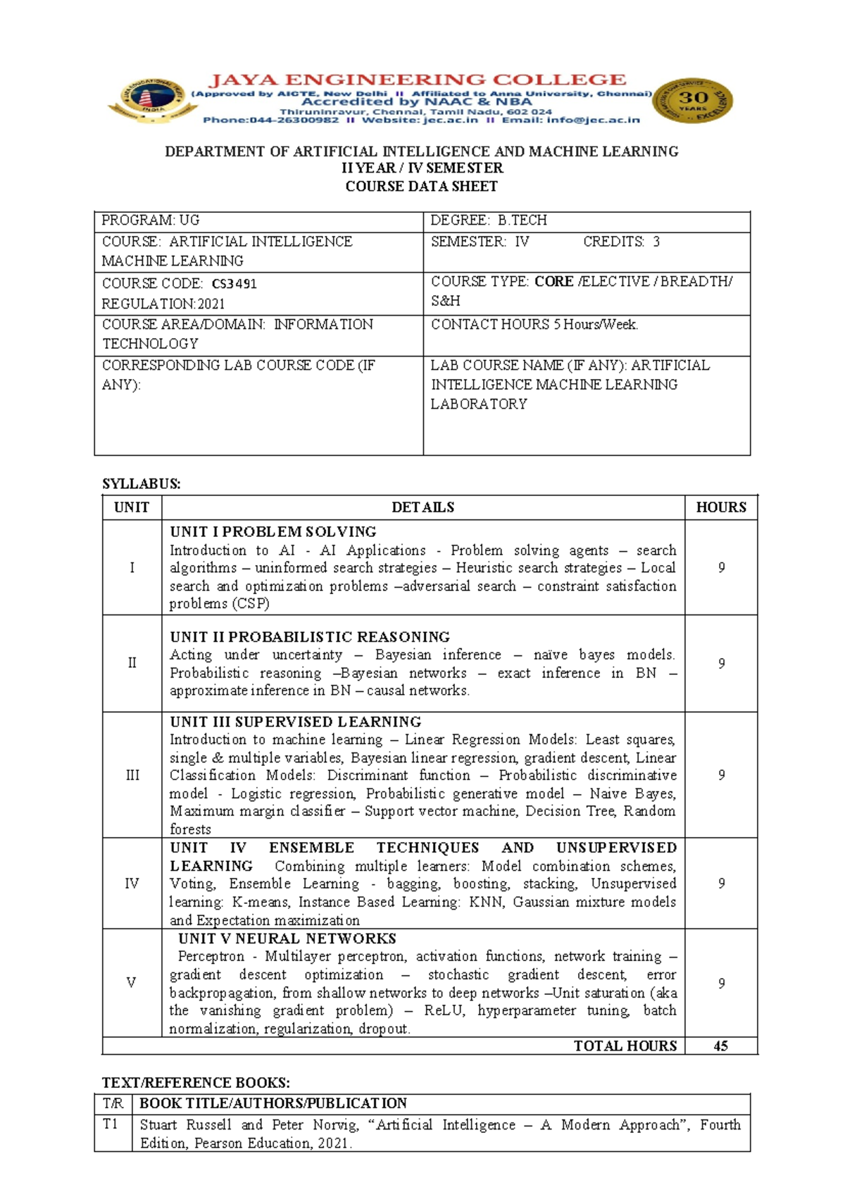 Course Data Sheet: AI & ML (CS3491) - IV Sem, B.Tech - Studocu
