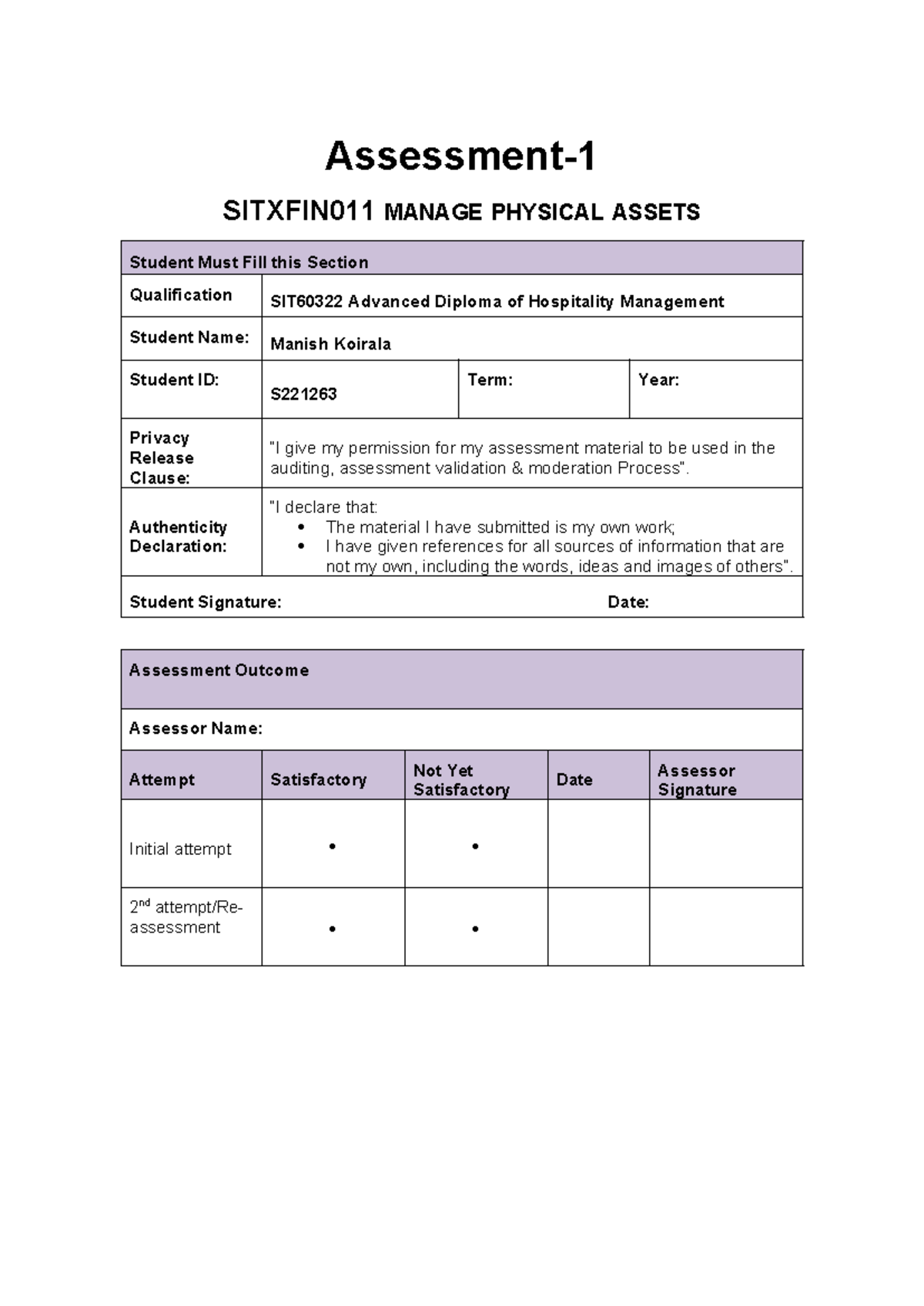 Assessment Task 1: Knowledge Questions for SITXFIN011 Asset Management ...