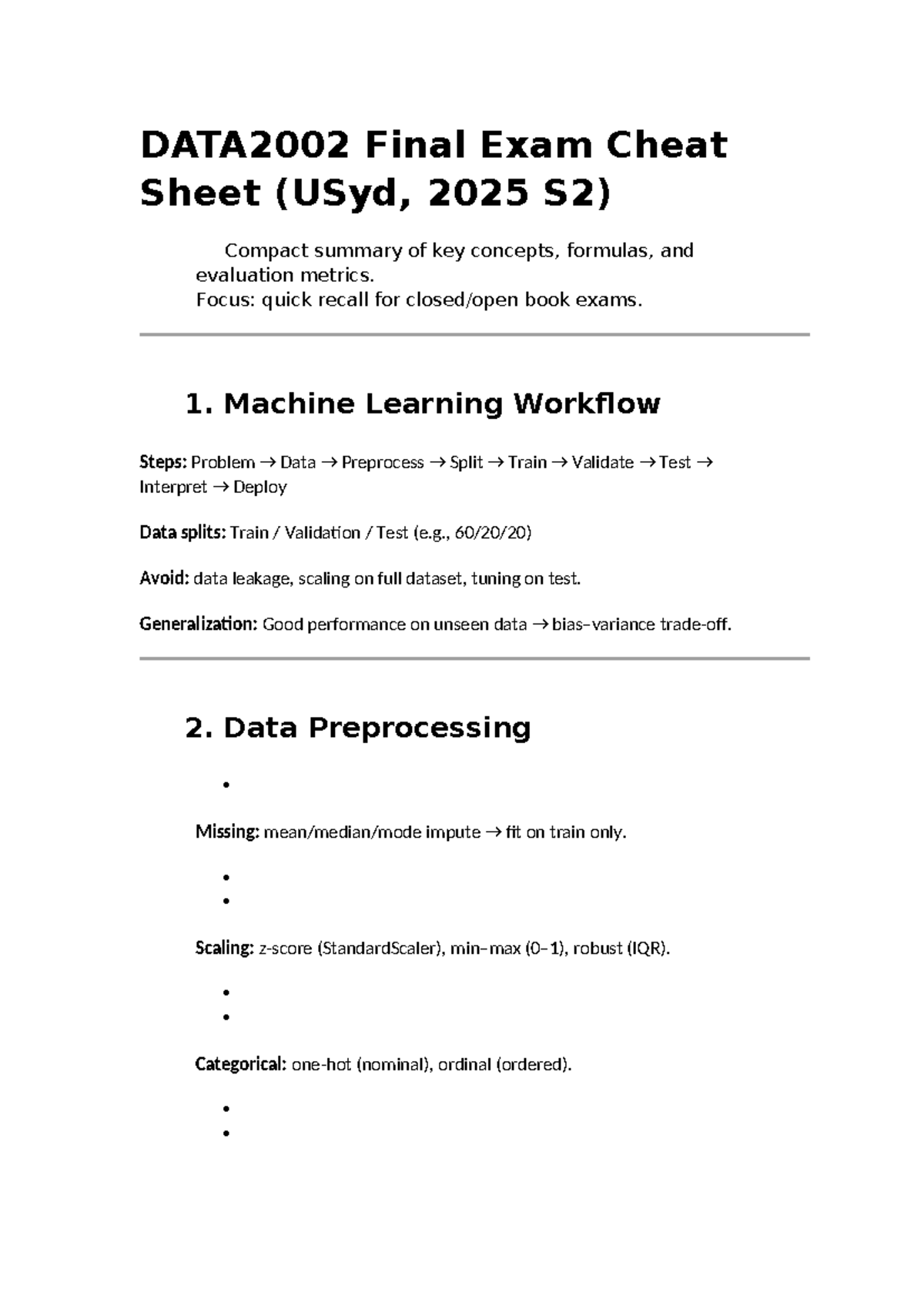 DATA2002 Final Exam Cheat Sheet: Key Concepts & Formulas Summary - Studocu