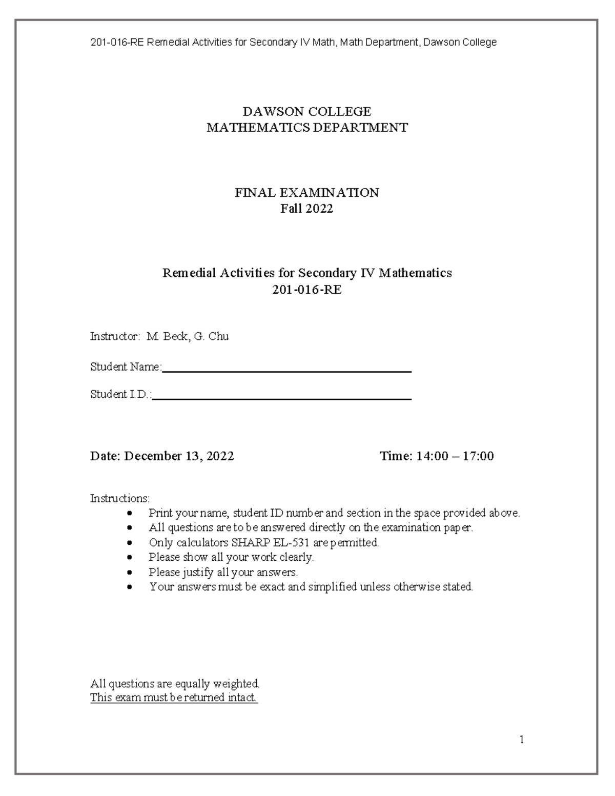 Final Exam 201-016-RE Fall 2022 - Mathematics Remedial Activities - Studocu