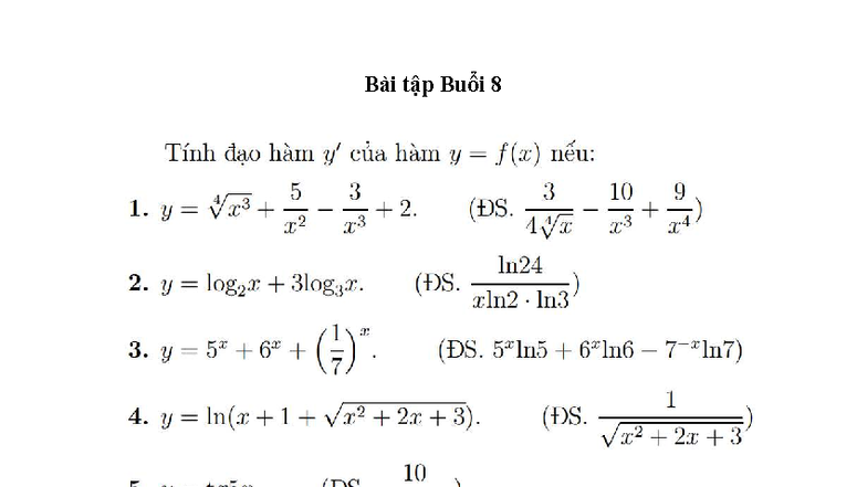 BT Chuong 2 - Dao ham - Buoi 8 - Bai tap Buoi 8 Tinh dao ham ¢ ctia ham ...