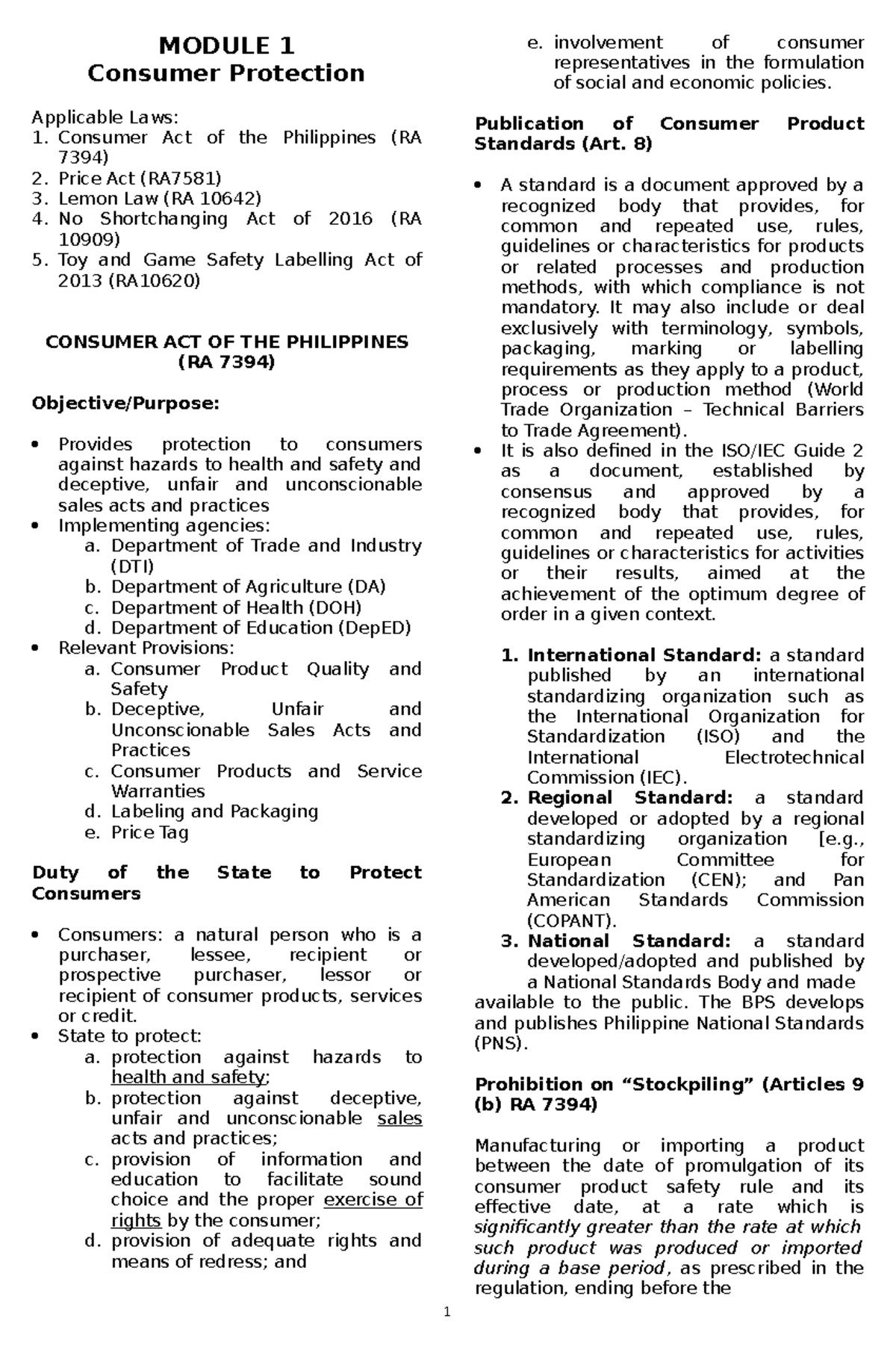 Consumer Protection Laws and Regulations (RA 7394) Study Guide - Studocu