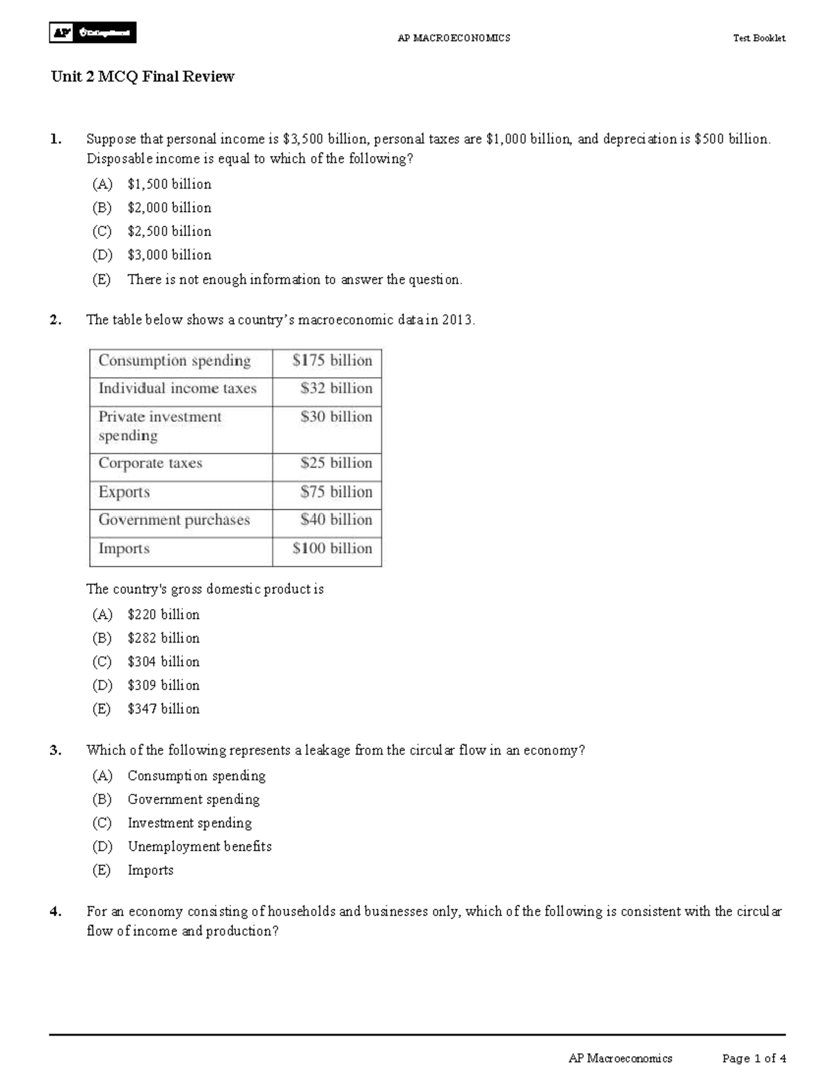 AP Macroeconomics Unit 2 MCQ Final Review - Practice Questions - Studocu