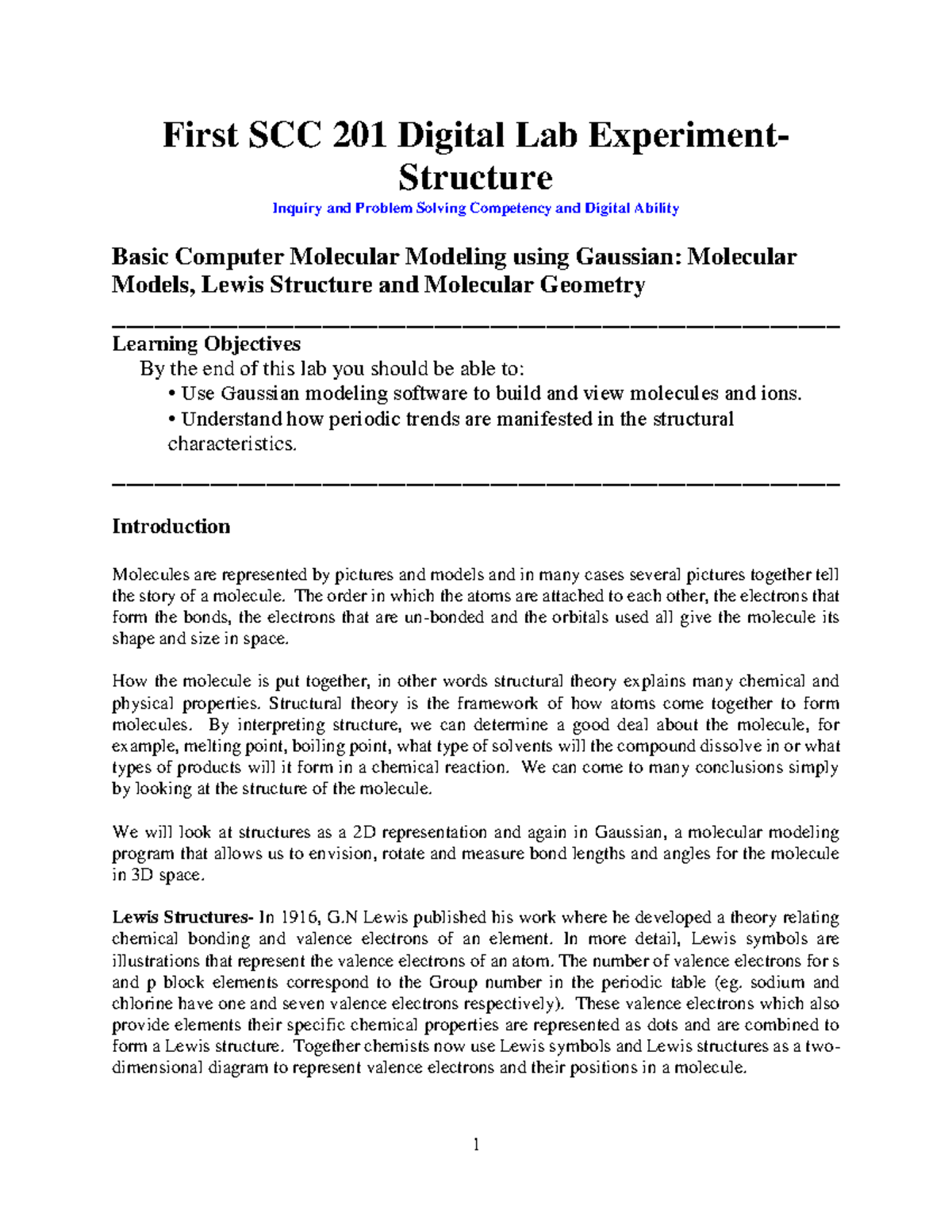 Lab Molecular Structure+e P instructions - First SCC 201 Digital Lab ...