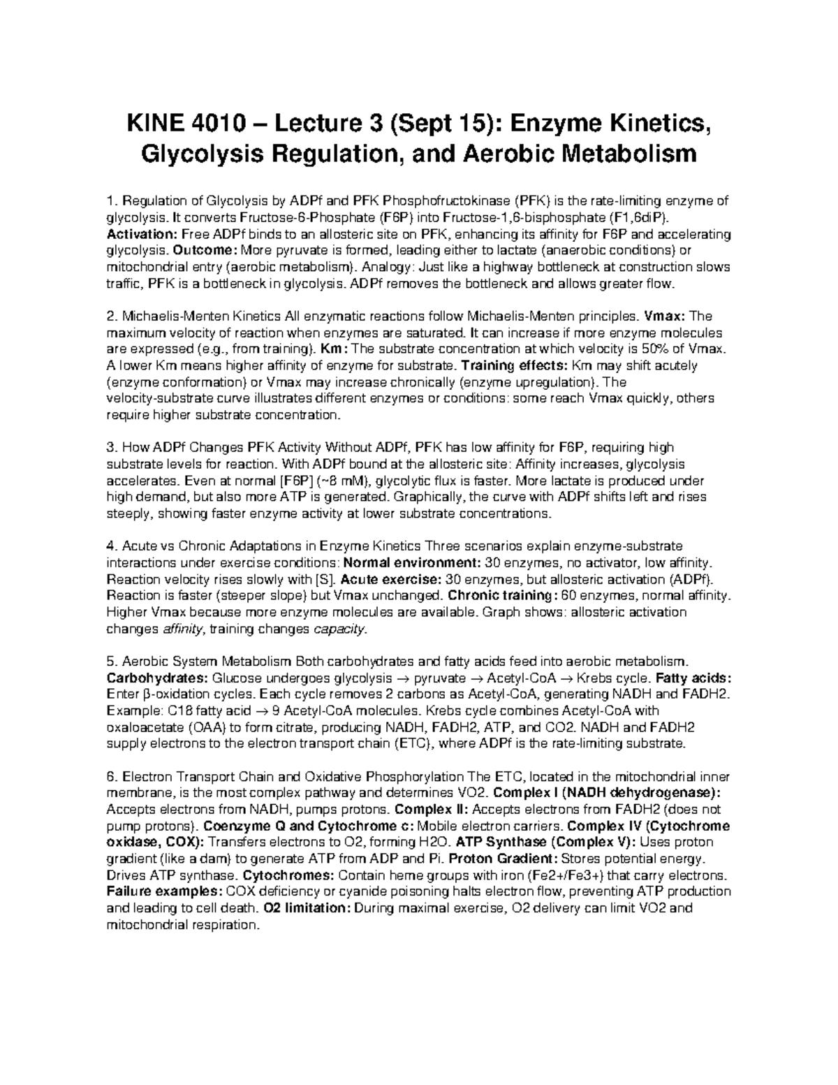 KINE 4010 Lecture 3 Notes: Enzyme Kinetics & Glycolysis Regulation ...