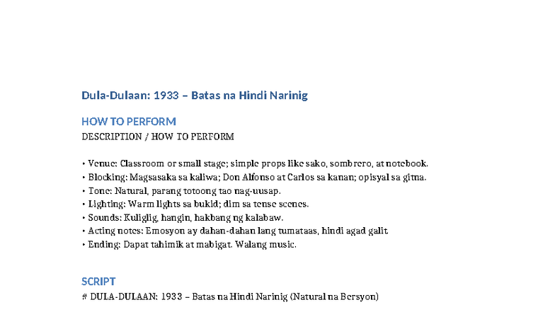 Dula Dulaan: 1933 Batas na Hindi Narinig - Script at Pagsasagawa - Studocu