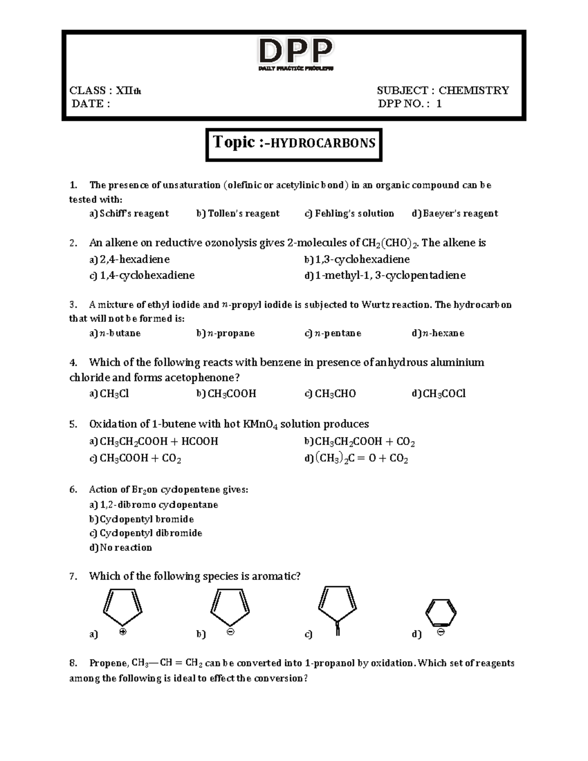 Chemistry DPP XII: Hydrocarbons & Reactions Analysis - Studocu
