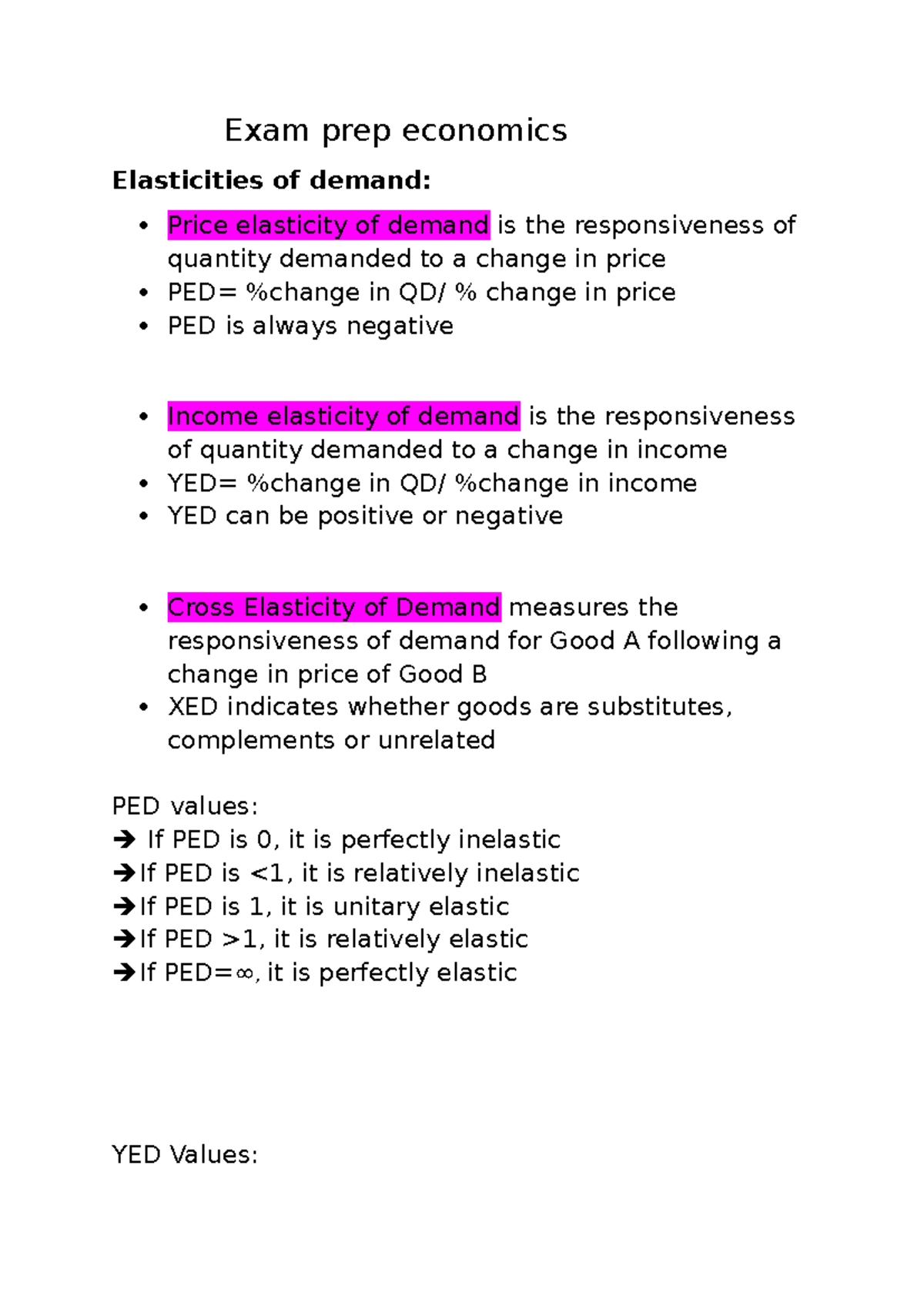 Economics Exam Prep: Elasticities of Demand Overview - Studocu