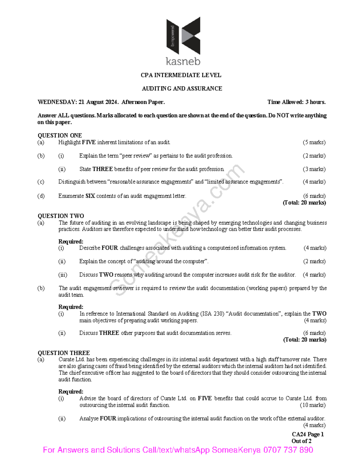 CPA INTERMEDIATE LEVEL AUDITING AND ASSURANCE: PAST PAPER SOLUTIONS ...