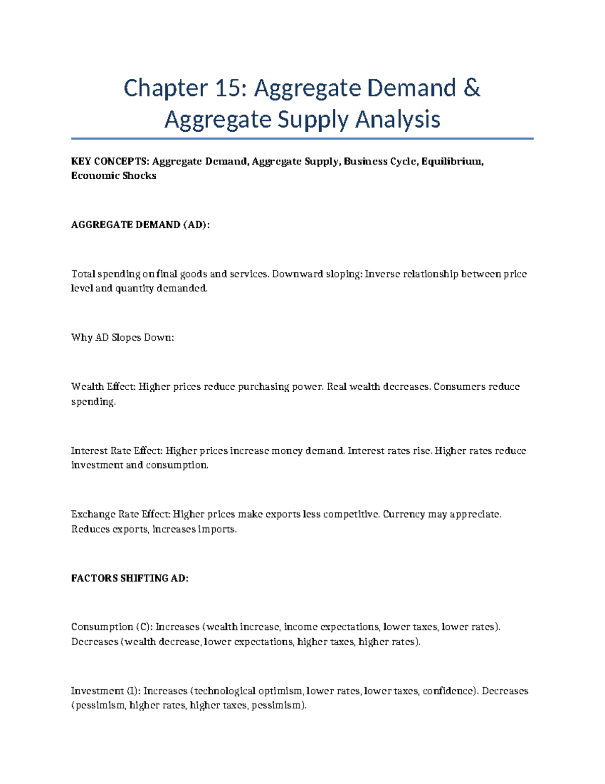 Chapter 15: Aggregate Demand & Supply Analysis Overview - Studocu