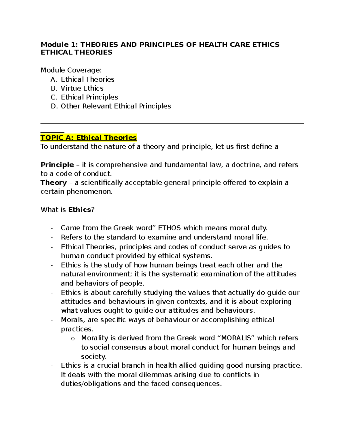 Nursing Notes on HLT401: Theories & Principles of Health Care Ethics ...